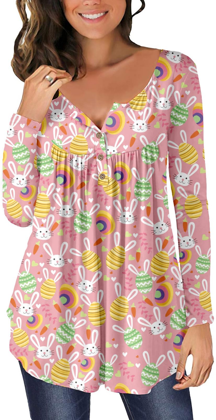 Women's Casual Pleated Henley V-neck Short Sleeve Rabbit Holiday Bunny ...