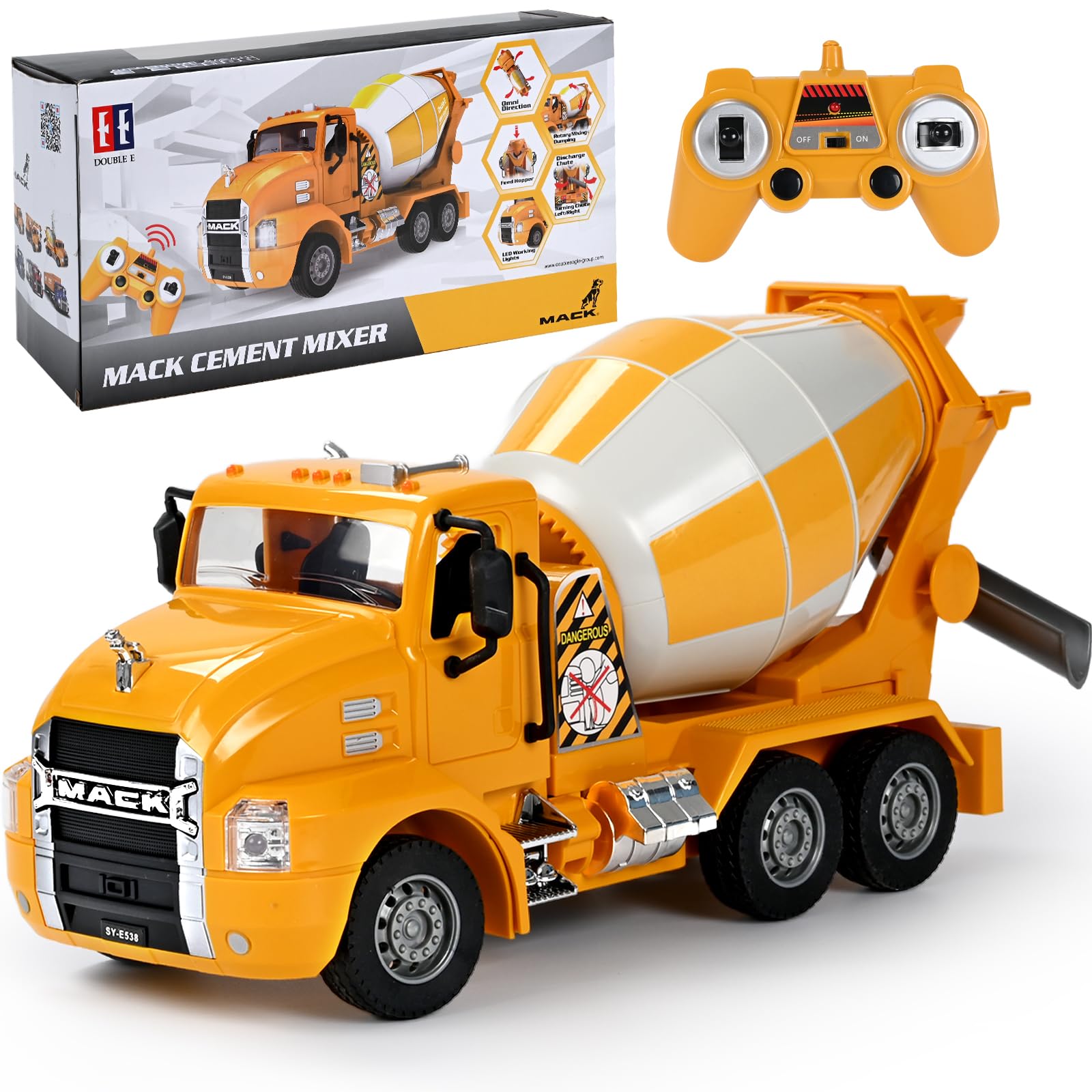 DOUBLE E Mack Licensed RC Cement Mixer Toy Truck, Rechargeable 360 ...