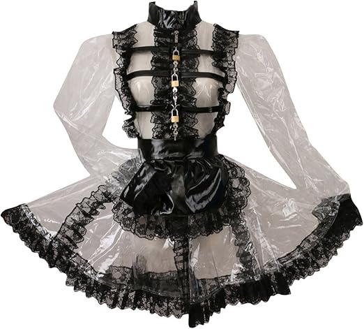 GOceBaby Lockable Sissy Maid PVC Transparent Black Lace Dress Costume ...