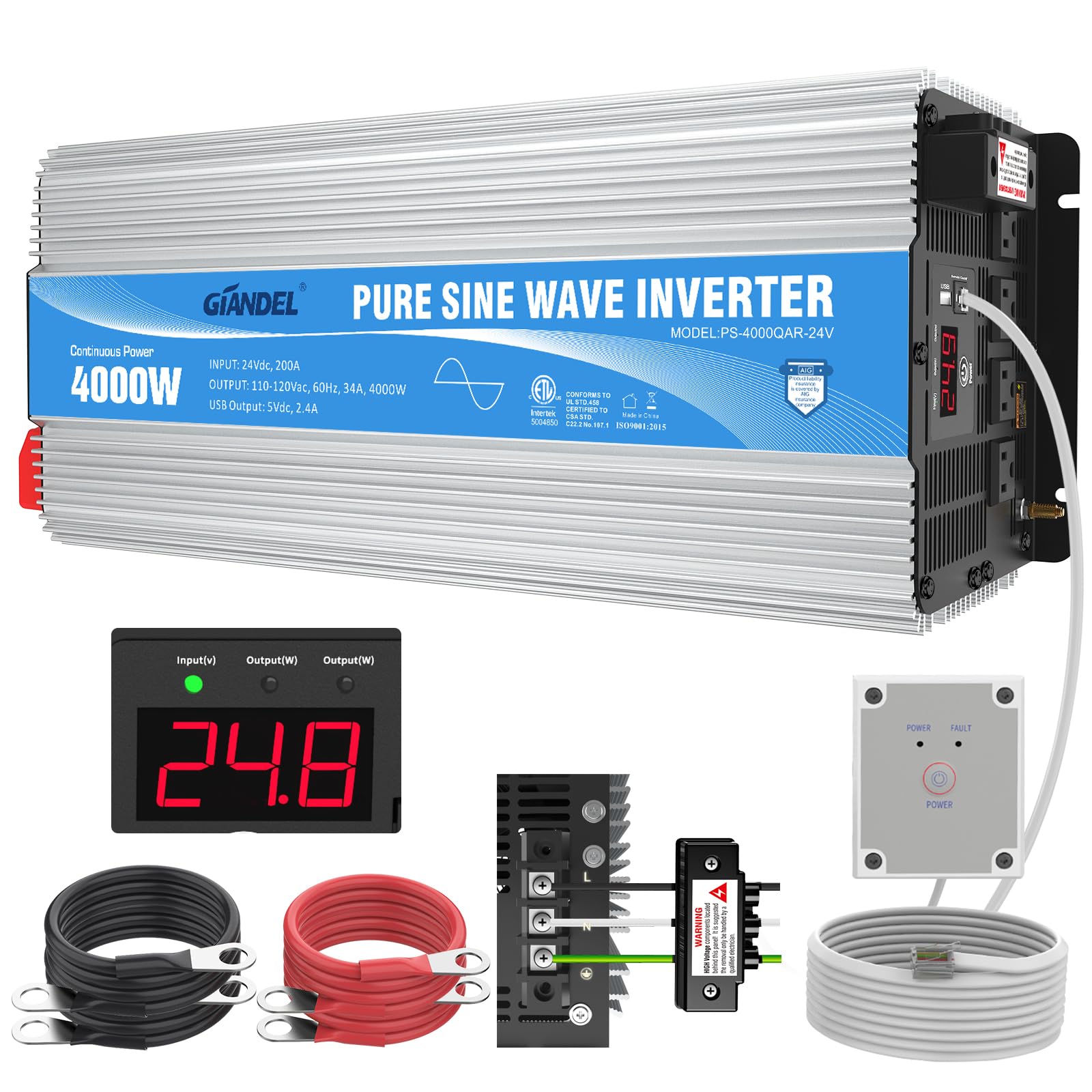 GIANDEL 24V 4000W Pure Sine Wave Power Inverter ETL UL458 Listed with ...