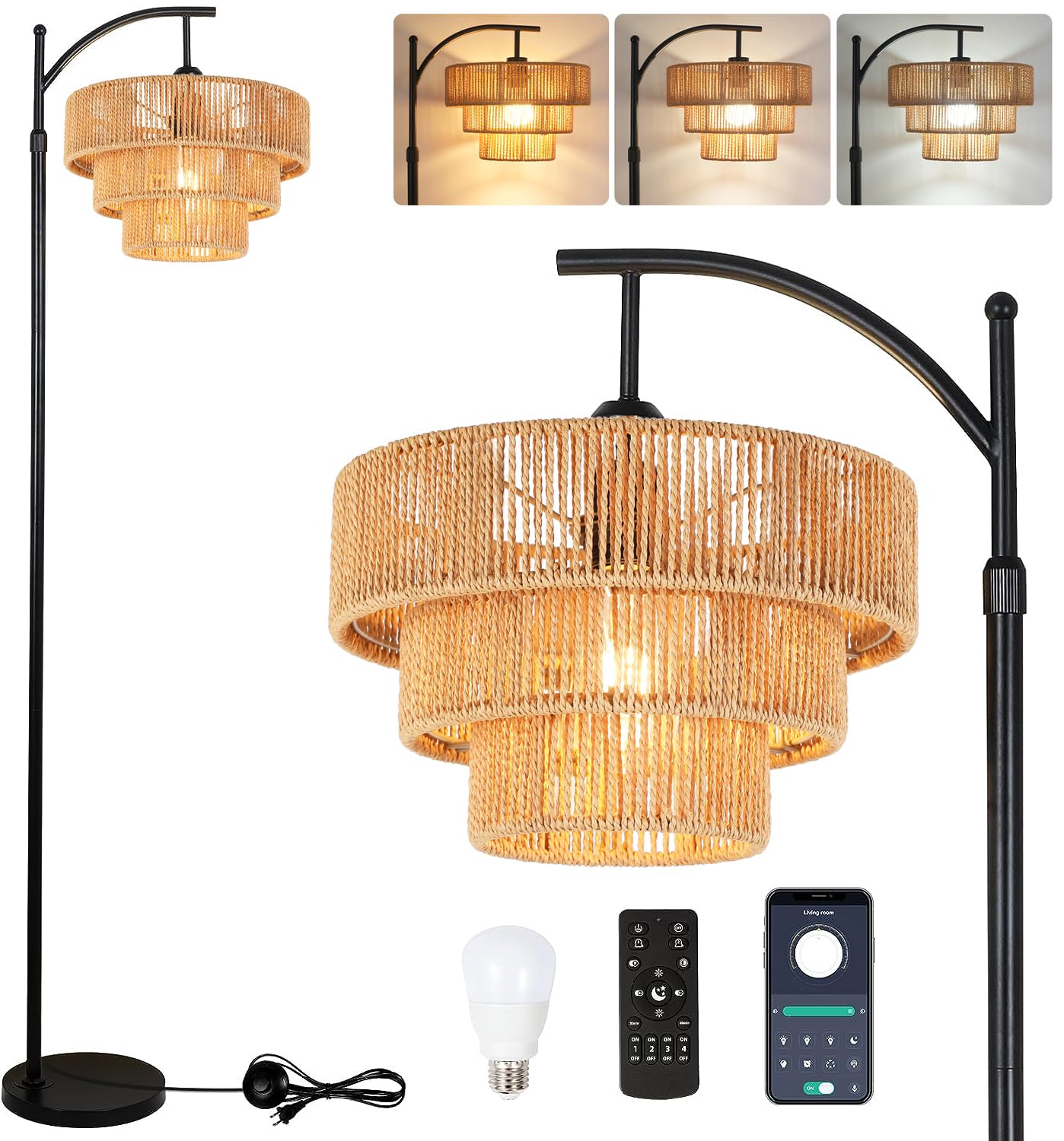 ILLMTW Boho Floor Lamp for Living Room with Remote,Arc Floor Lamps ...
