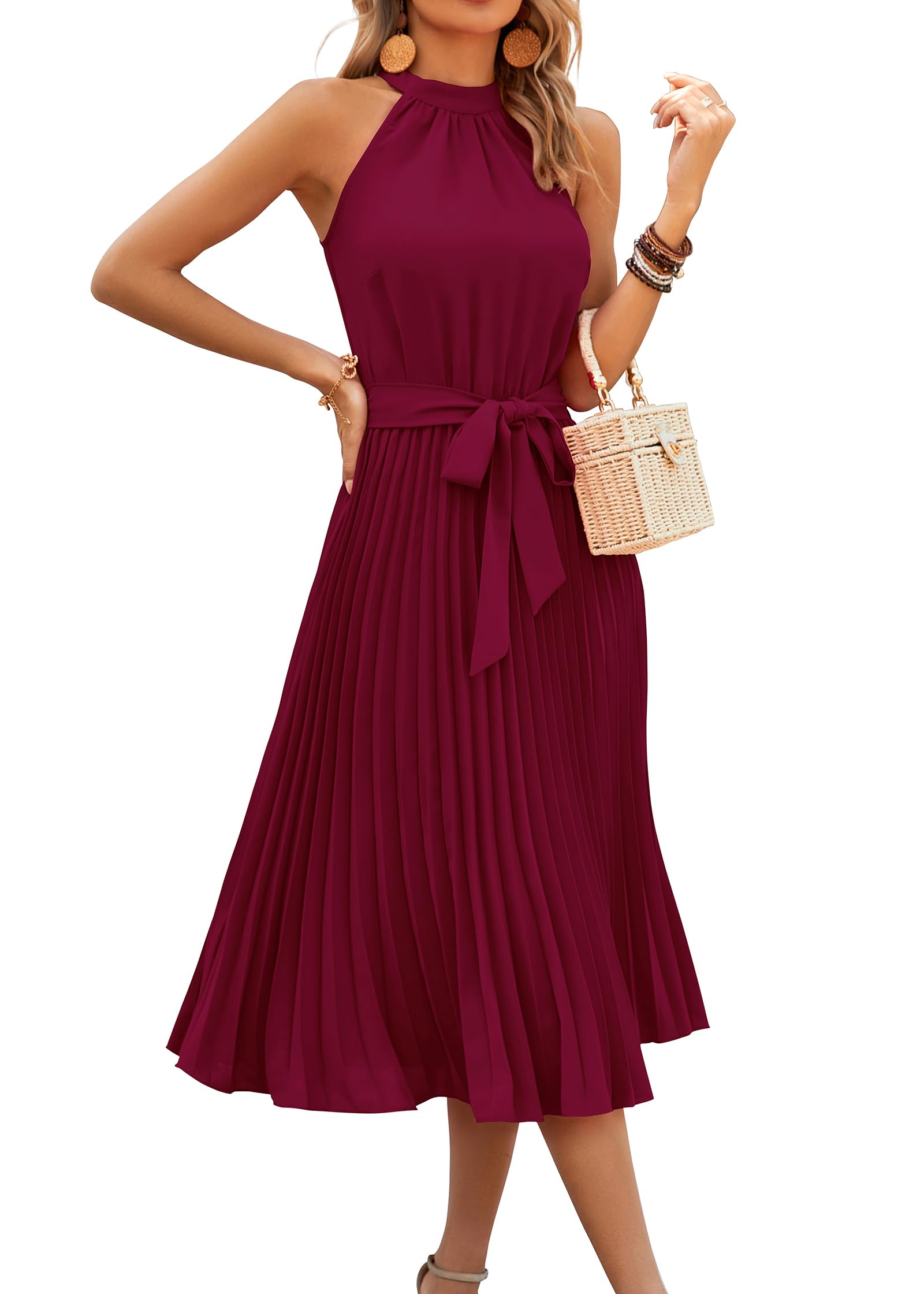 KIRUNDO Women's 2025 Summer Sleeveless Halter Neck Pleated Midi ...