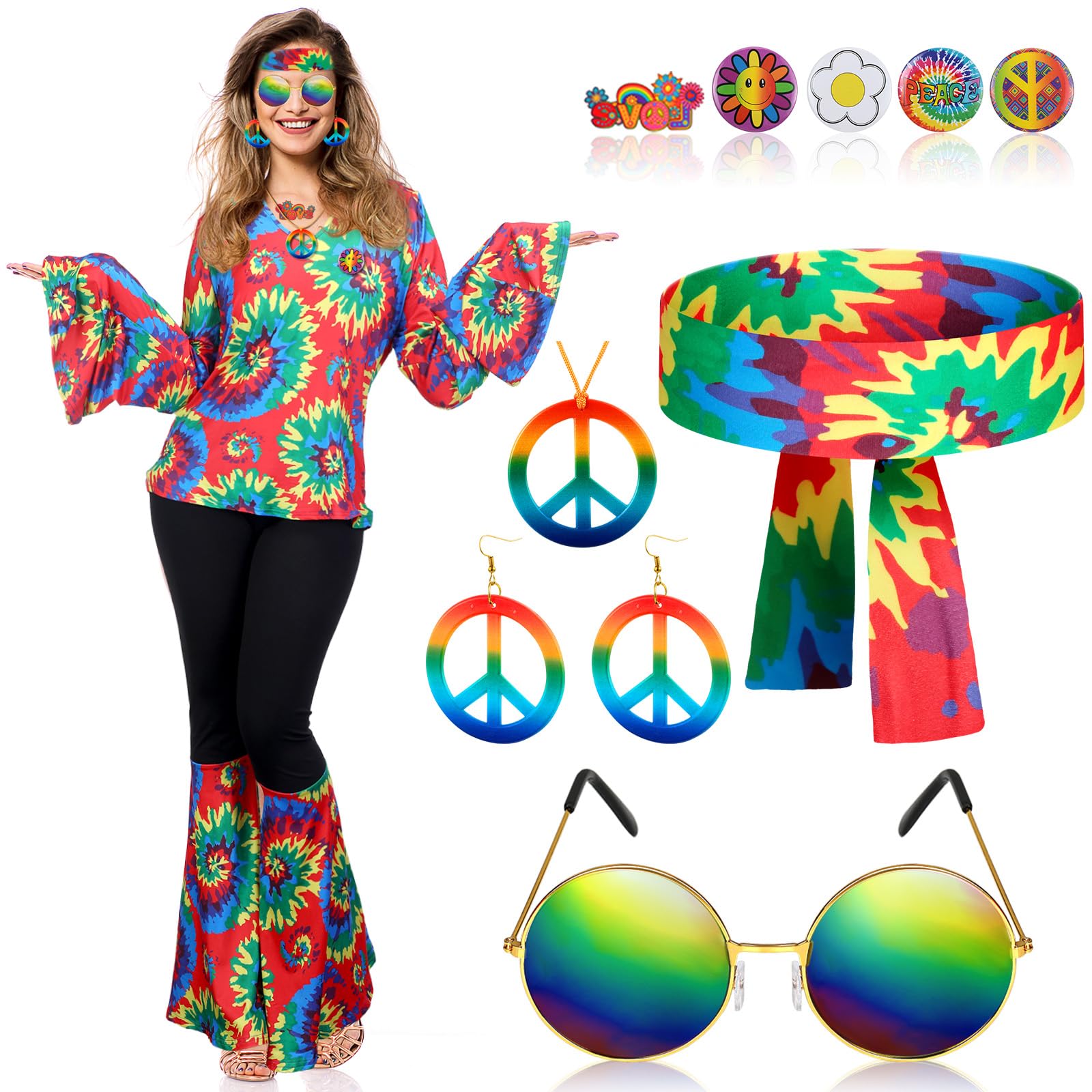 Jiuguva 17pcs 60s 70s Outfits for Women Hippie Costume Set Disco Outfit ...