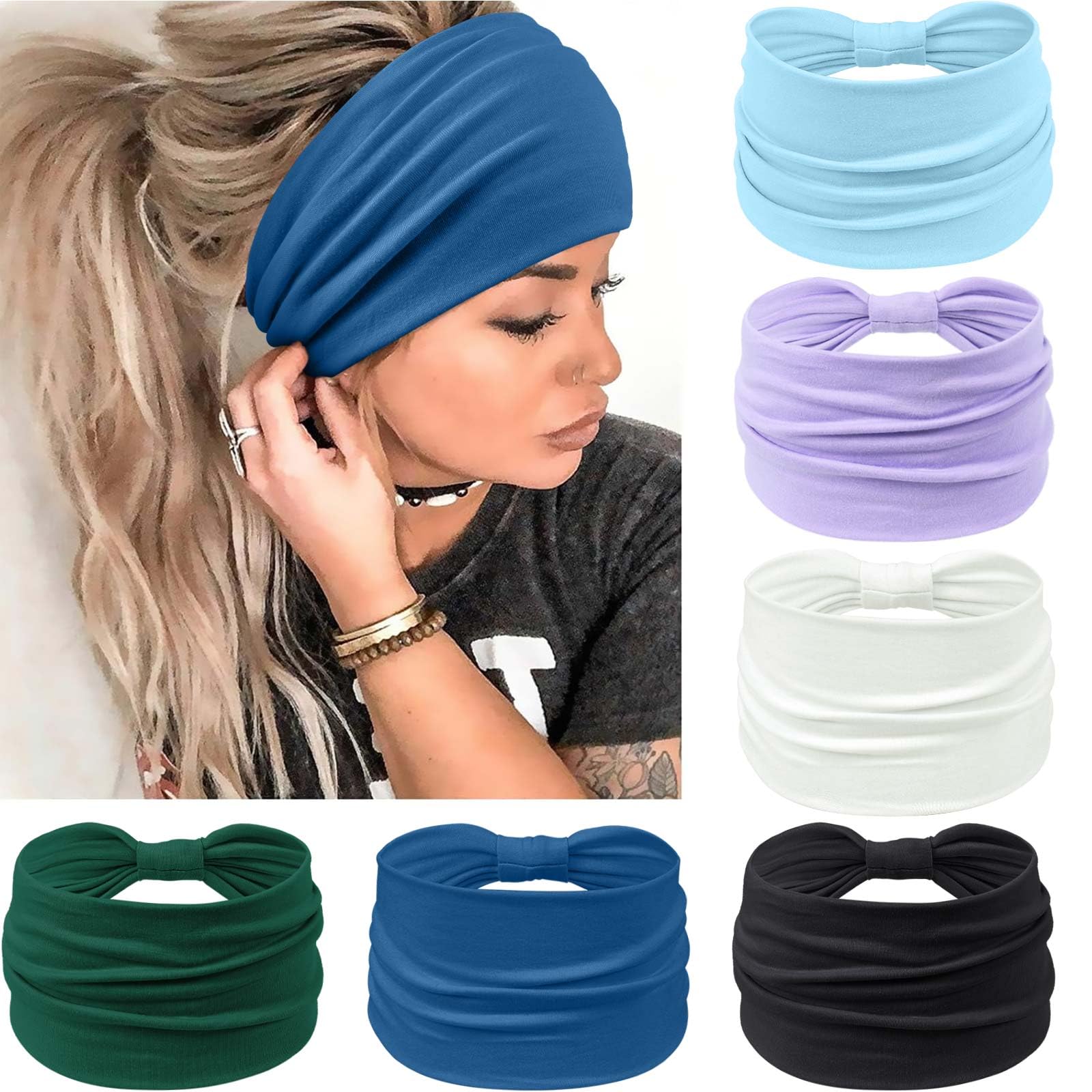 Awumbuk Wide Headbands for Women Knotted No Slip Head Bands Soft Turban ...