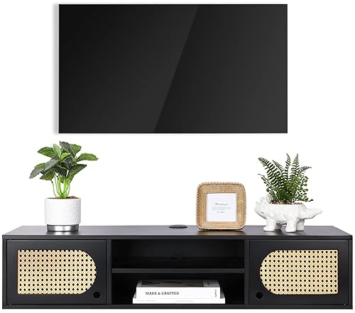 ZYBT Floating TV Stand Wall Mounted, Rattan Floating Entertainment ...
