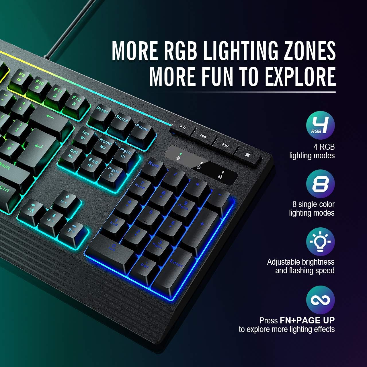 PICTEK Gaming Keyboard, 12 RGB Chroma Lighting Modes, 8 Independent ...