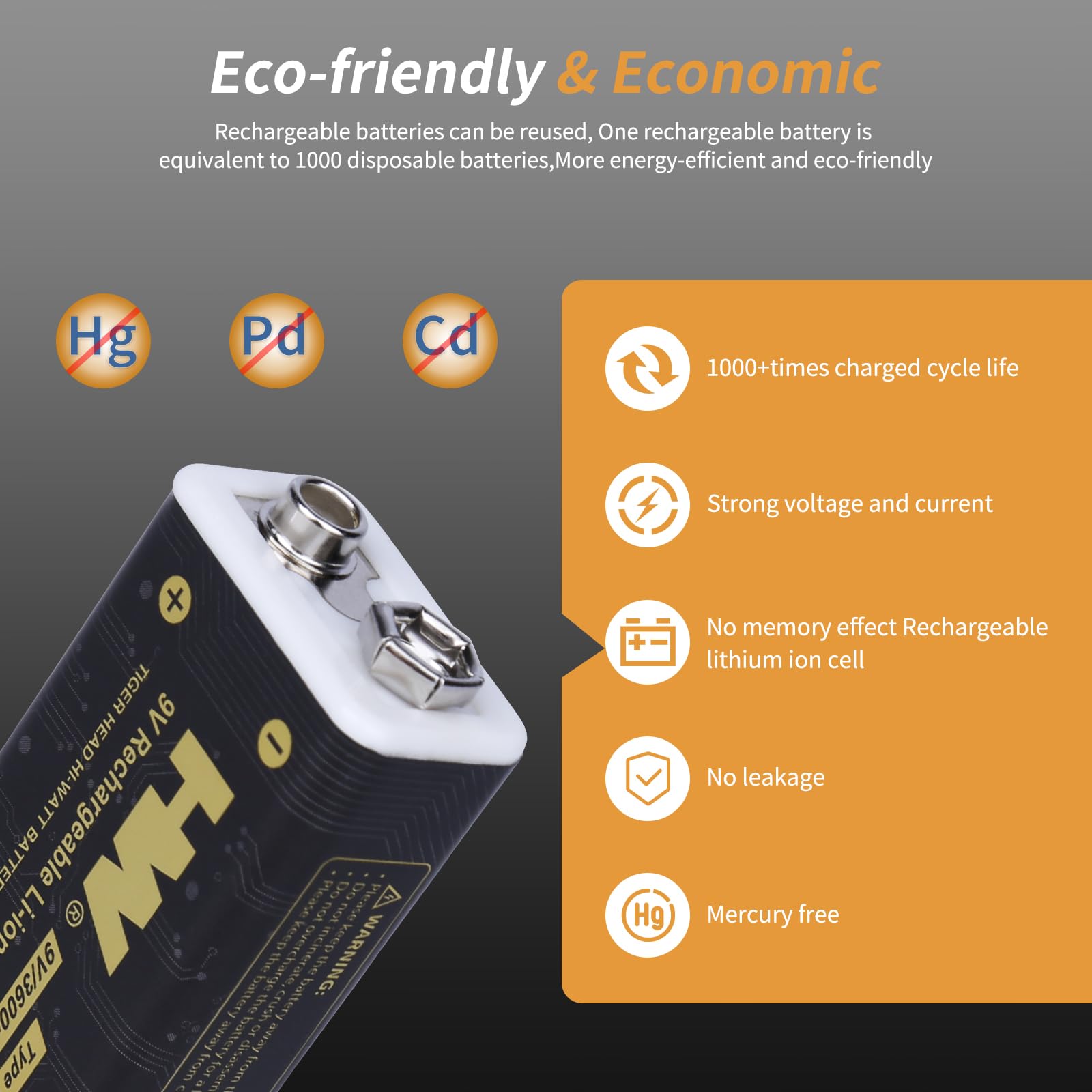 HW USB-C recargable Batques de iones de litio de 9V, 1,5 h de carga ...