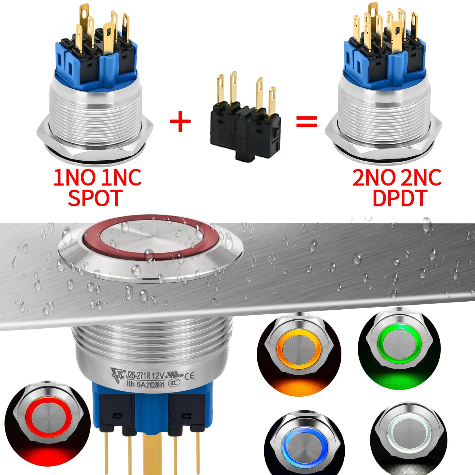 25MM Momentary Push Button Switch Self-Reset 2NO2NC 1NO1NC Stainless Steel Shell With 12V LED ...