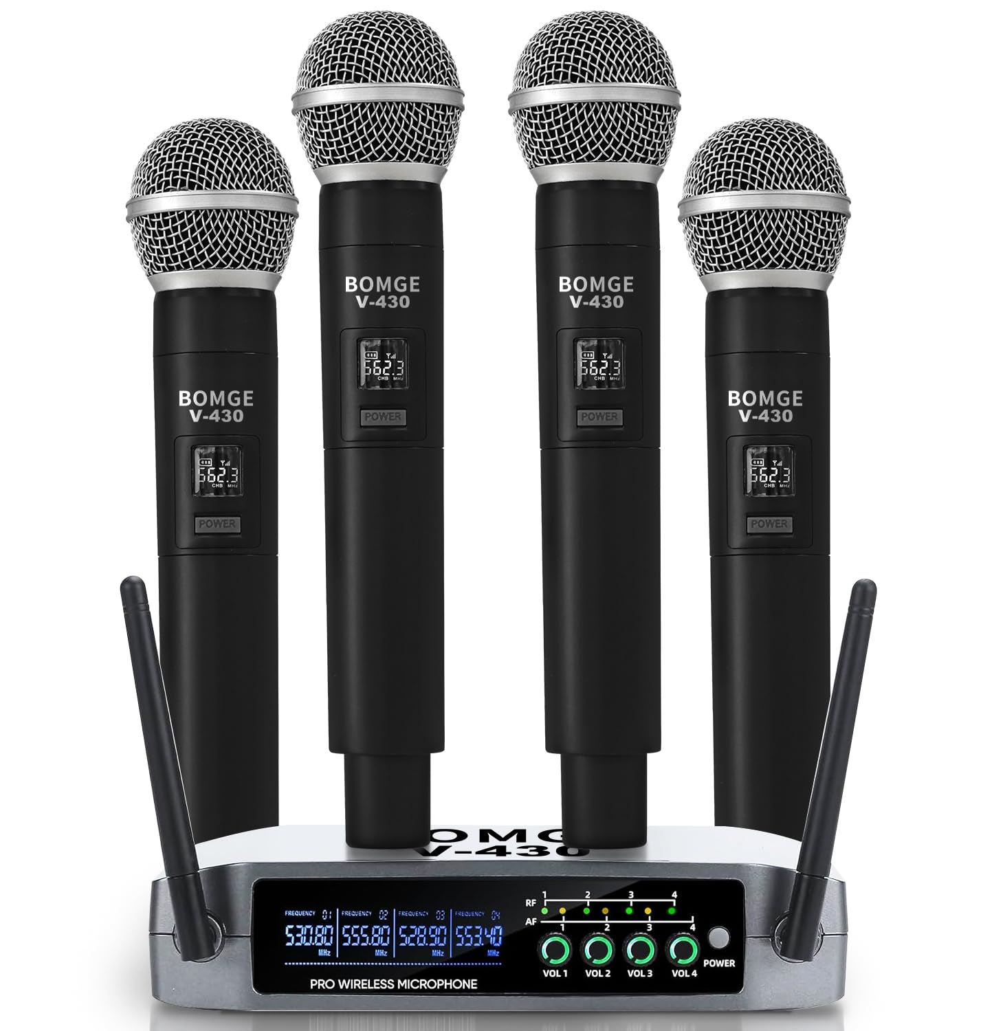 Wireless Microphone System, BOMGE Pro 4-Channel Cordless Mic Set with ...