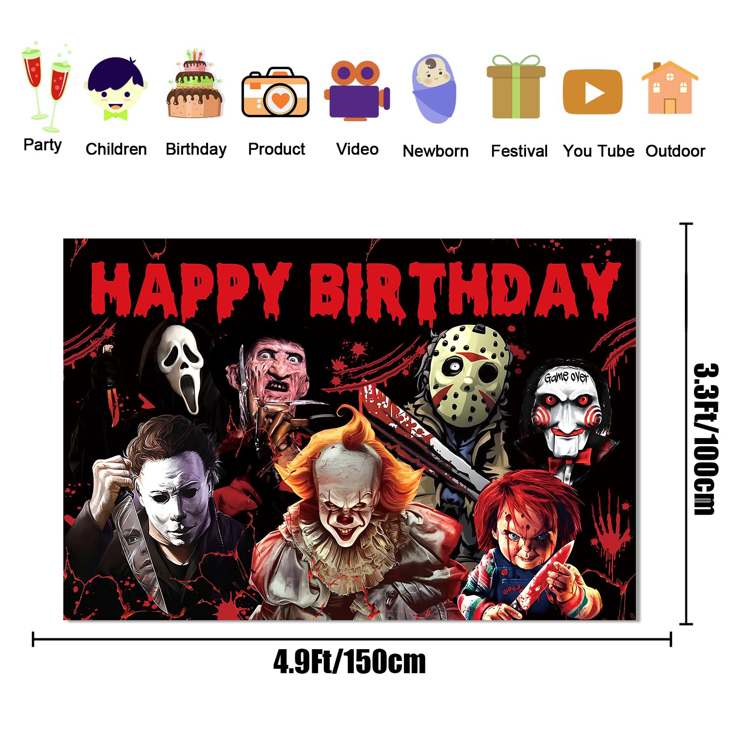 Mua 5x3FT Horror Birthday Decorations Backdrop, Horror Movie Happy ...