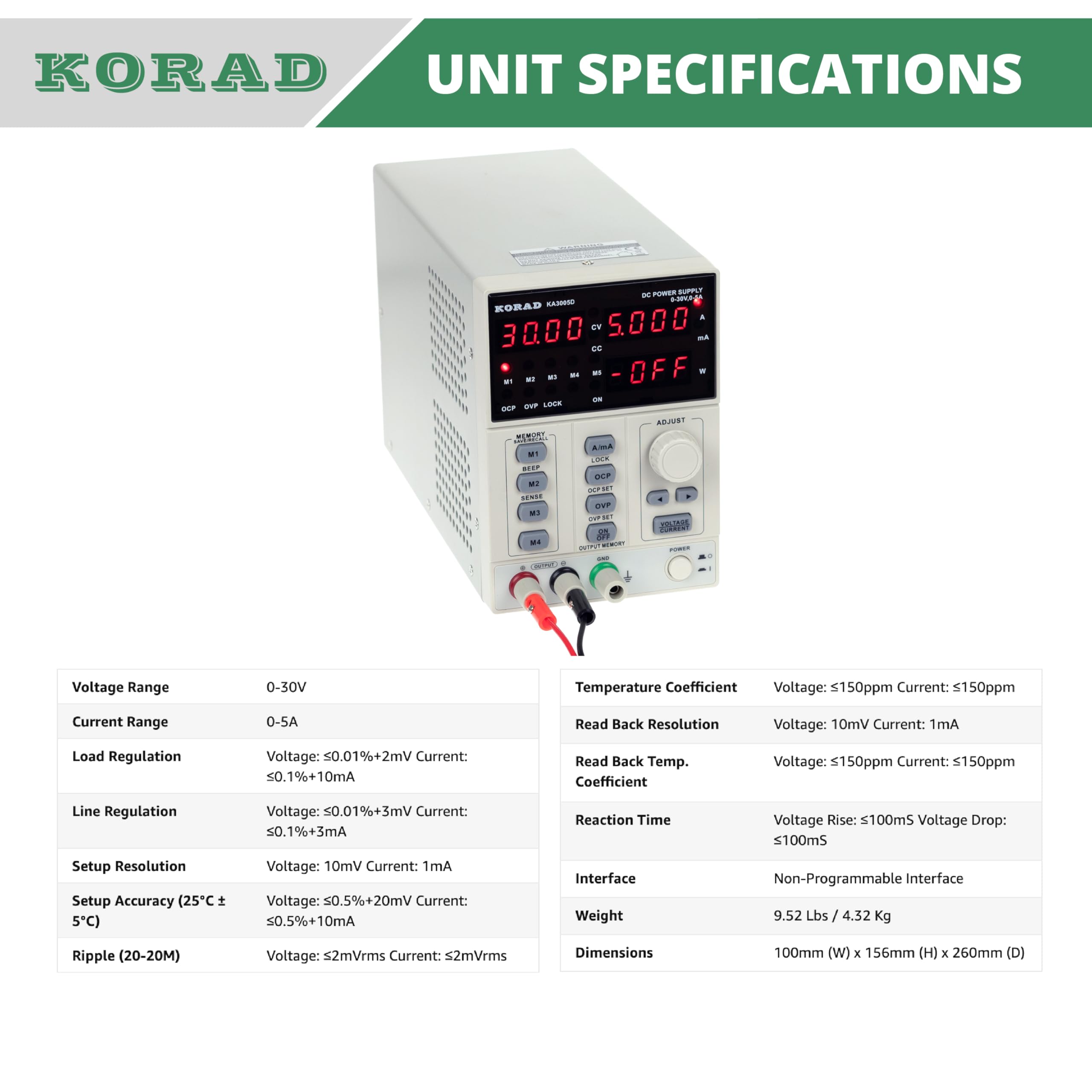 KORAD KA3005D - Fuente de alimentación lineal de precisión variable ajustable de 30 V, 5 A
