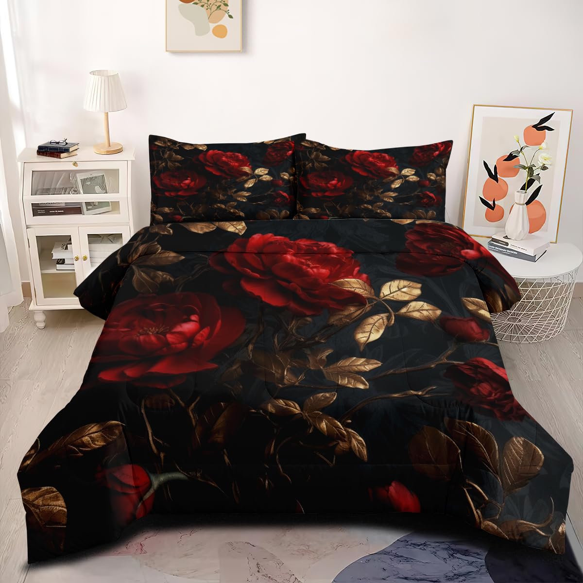CCoutueChen Vintage Floral Comforter King Size Romantic Red Rose ...