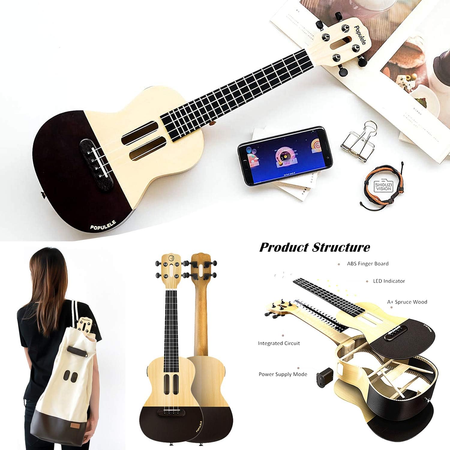 Populele 23″ Smart Ukulele, Bluetooth Smart Interactive Concert Ukelele with APP With 72 LED ...