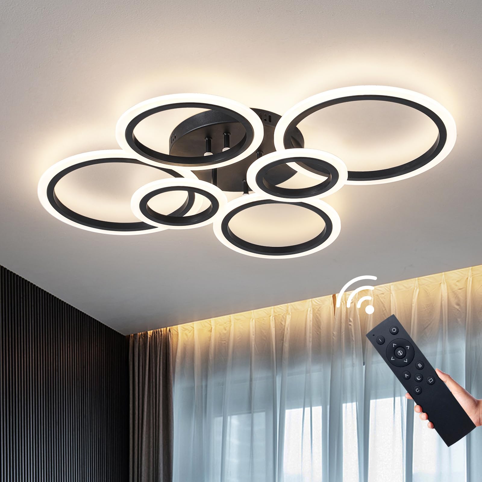 Shine LUEST 6 Rings Black Modern LED Ceiling Light Fixture, Flush Mount ...