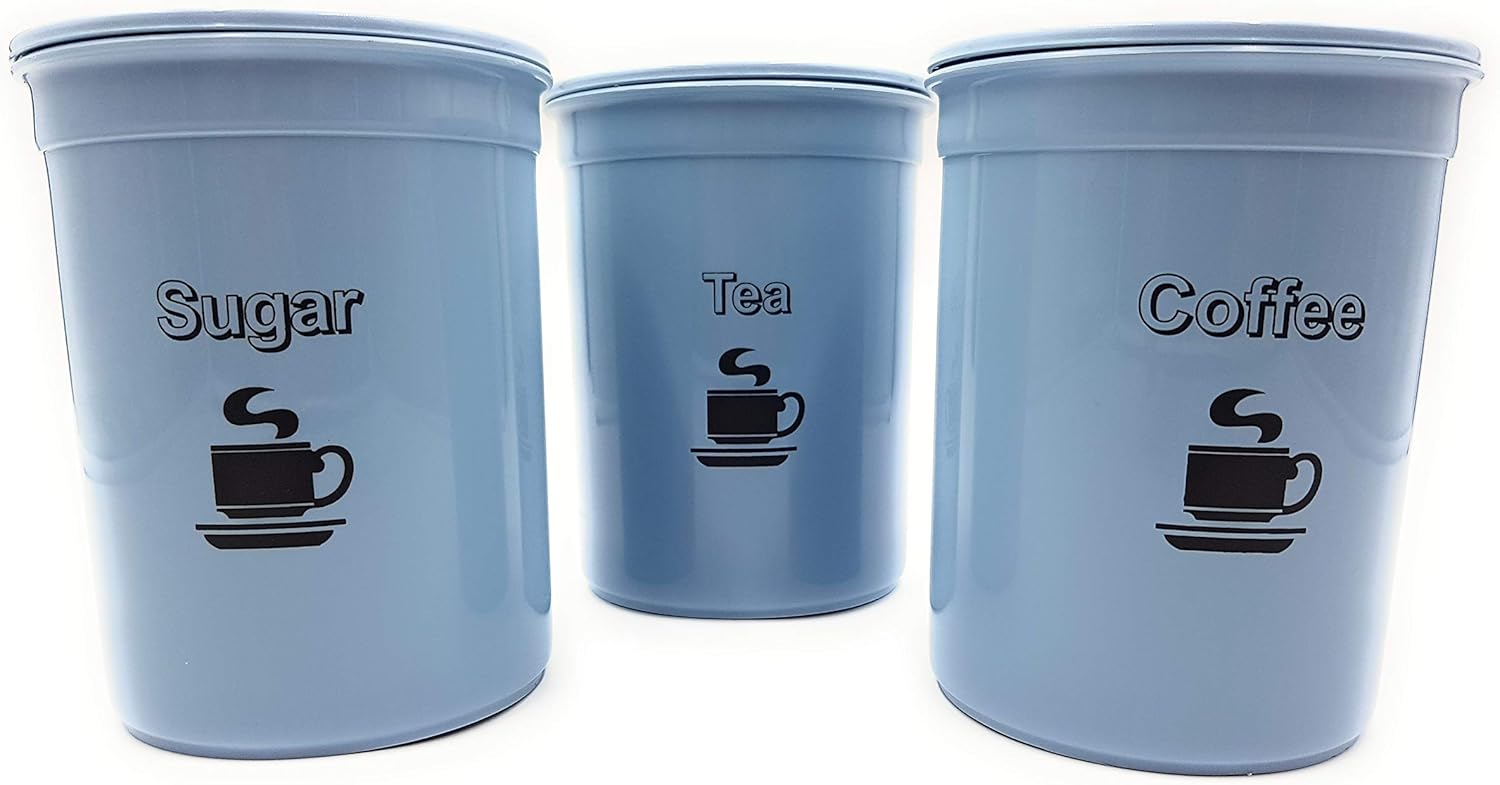 3 Piece Tea Coffee Sugar Canister Set 850ml Plastic Round Tea Coffee ...