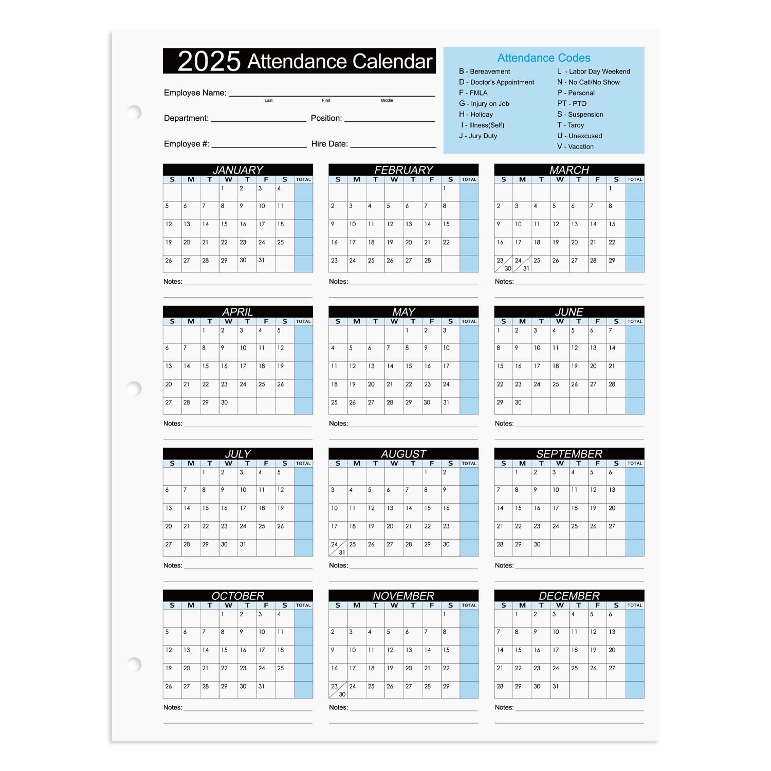 2025 Attendance Calendar Work Tracker Attendance Calendar Cards - 8.5 X ...