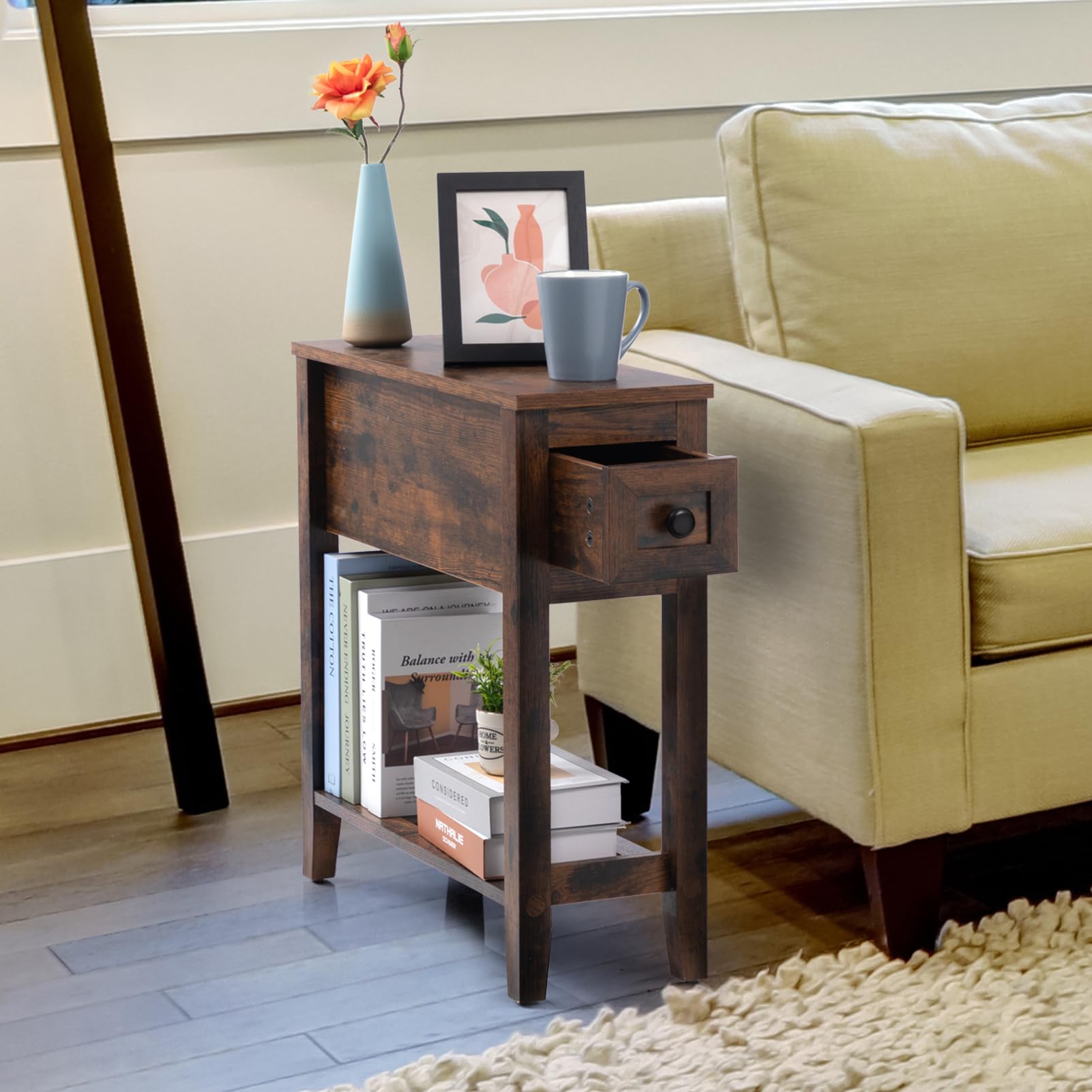 LUSUOWLZ Brown Chairside Narrow End Table, Solid Wood Recliner Side ...