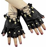 Cool Three Skull Studded Punk Rock Biker Womens Fingerless Leather ...