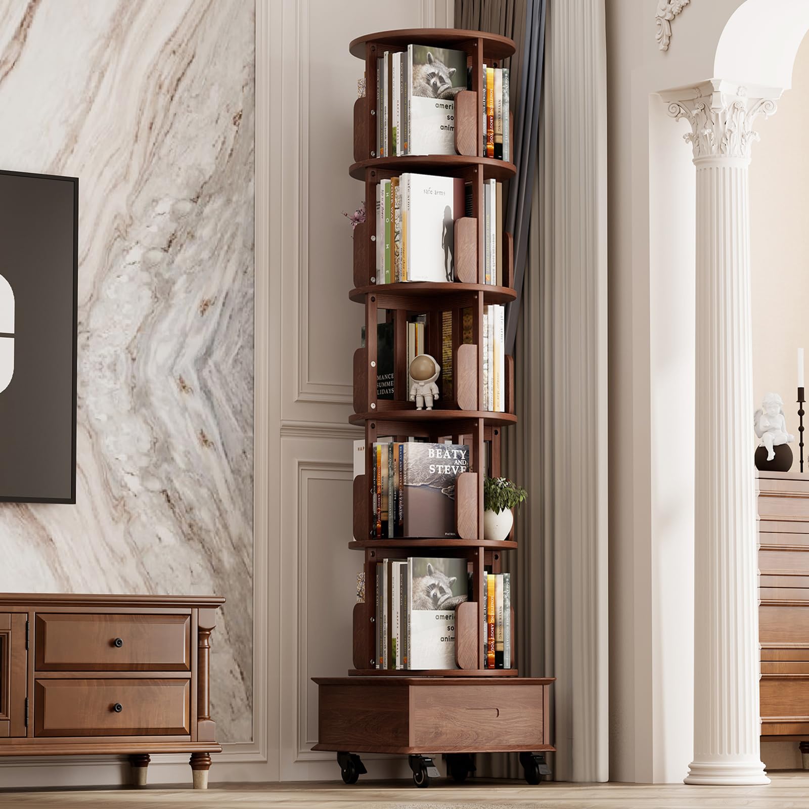 JIAWORLDER Solid Wood Rotating Bookshelf Tower, 5 Tier Spinning ...