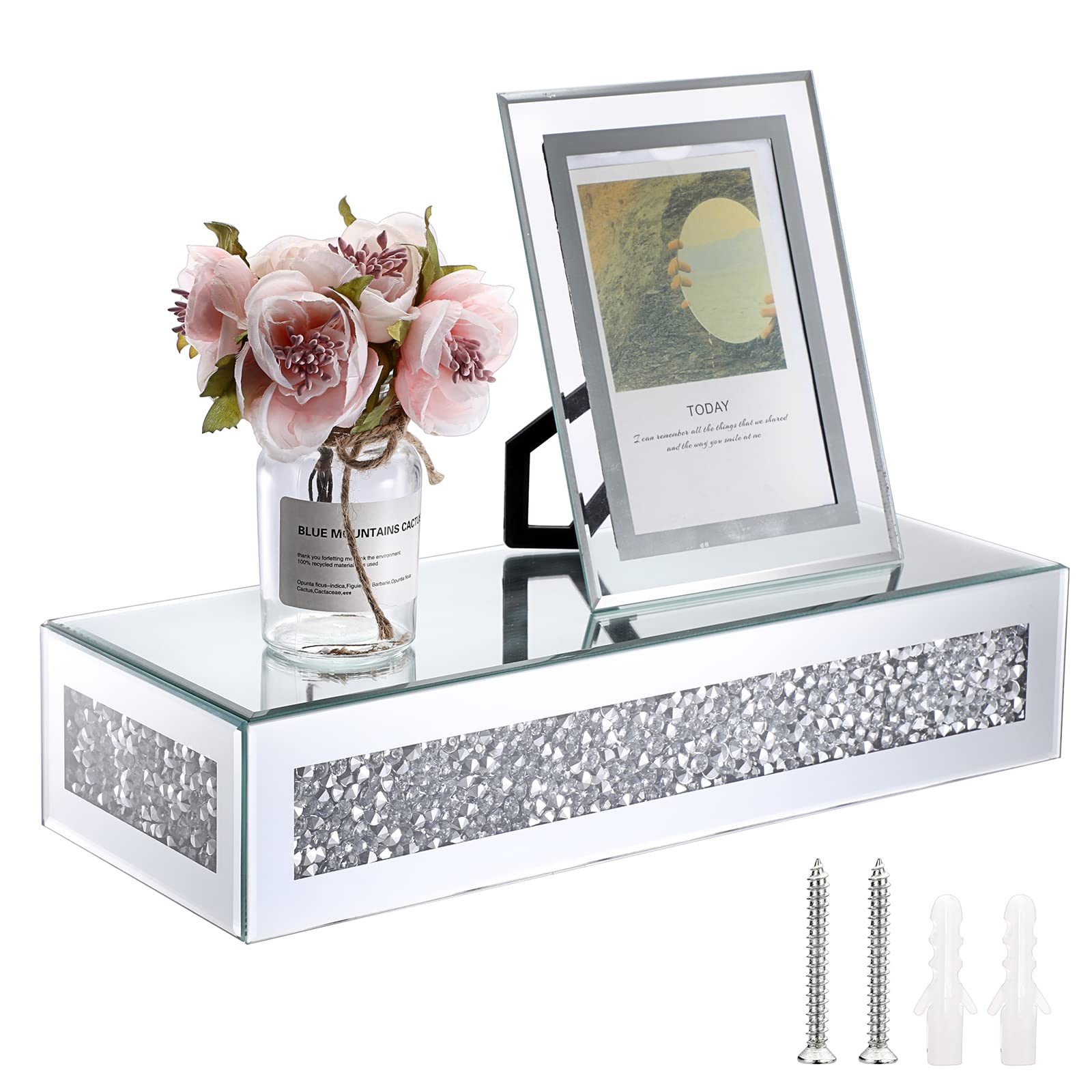 Sumnacon Mirrored Glass Floating Shelf, Decorative Crushed Diamond Wall ...