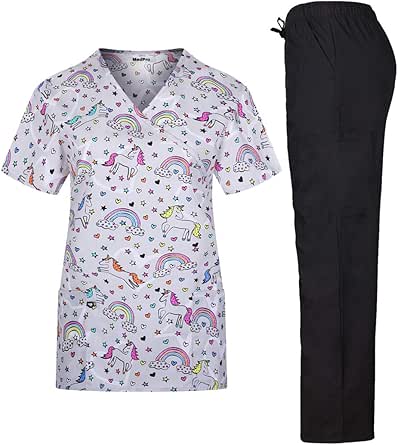 Amazon.com: MedPro Women's Printed Medical Scrub Set Mock Wrap Top and ...
