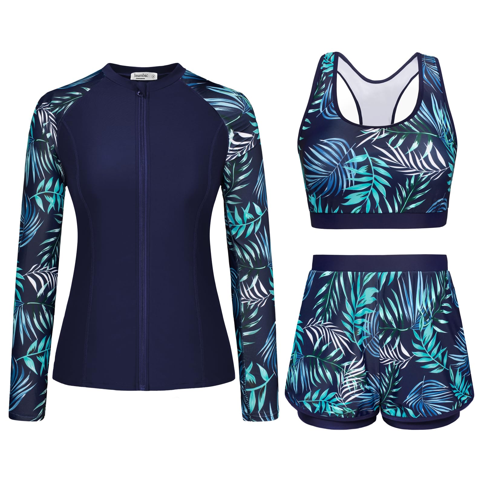 Women's UPF 50+ Rash Guard Long Sleeve 3 Piece Zip Up Swimsuit UV/Sun ...