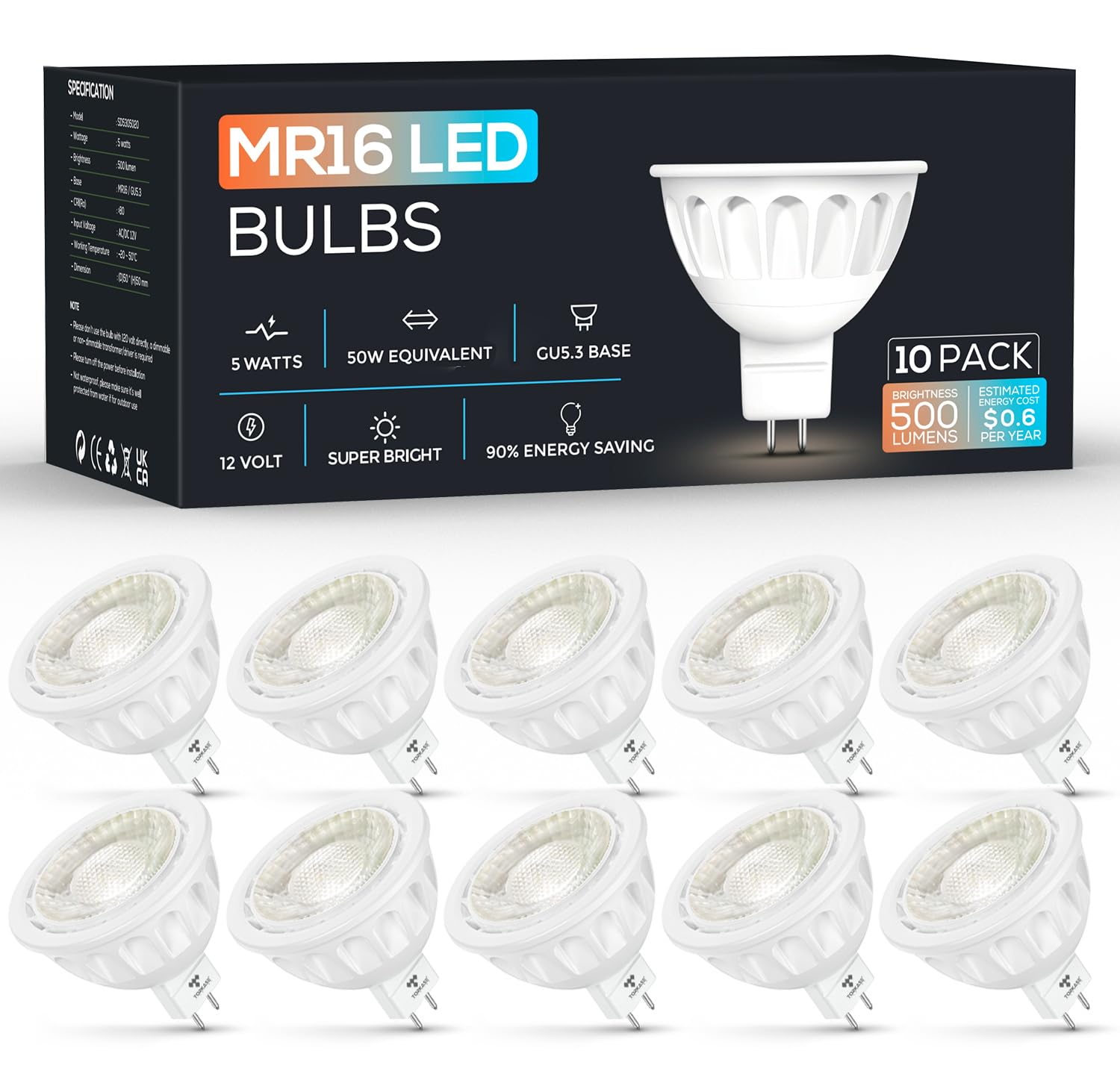 Torkase MR16 LED Bulb Dimmable,GU5.3 Bi-Pin Base MR16 LED Bulbs,5W(50W ...