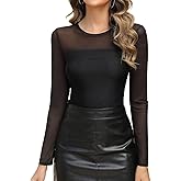 AKEWEI Womens Mesh Long Sleeve Tops Crew Neck Sexy See Through Tee Shirts Party Club Night Lace ...