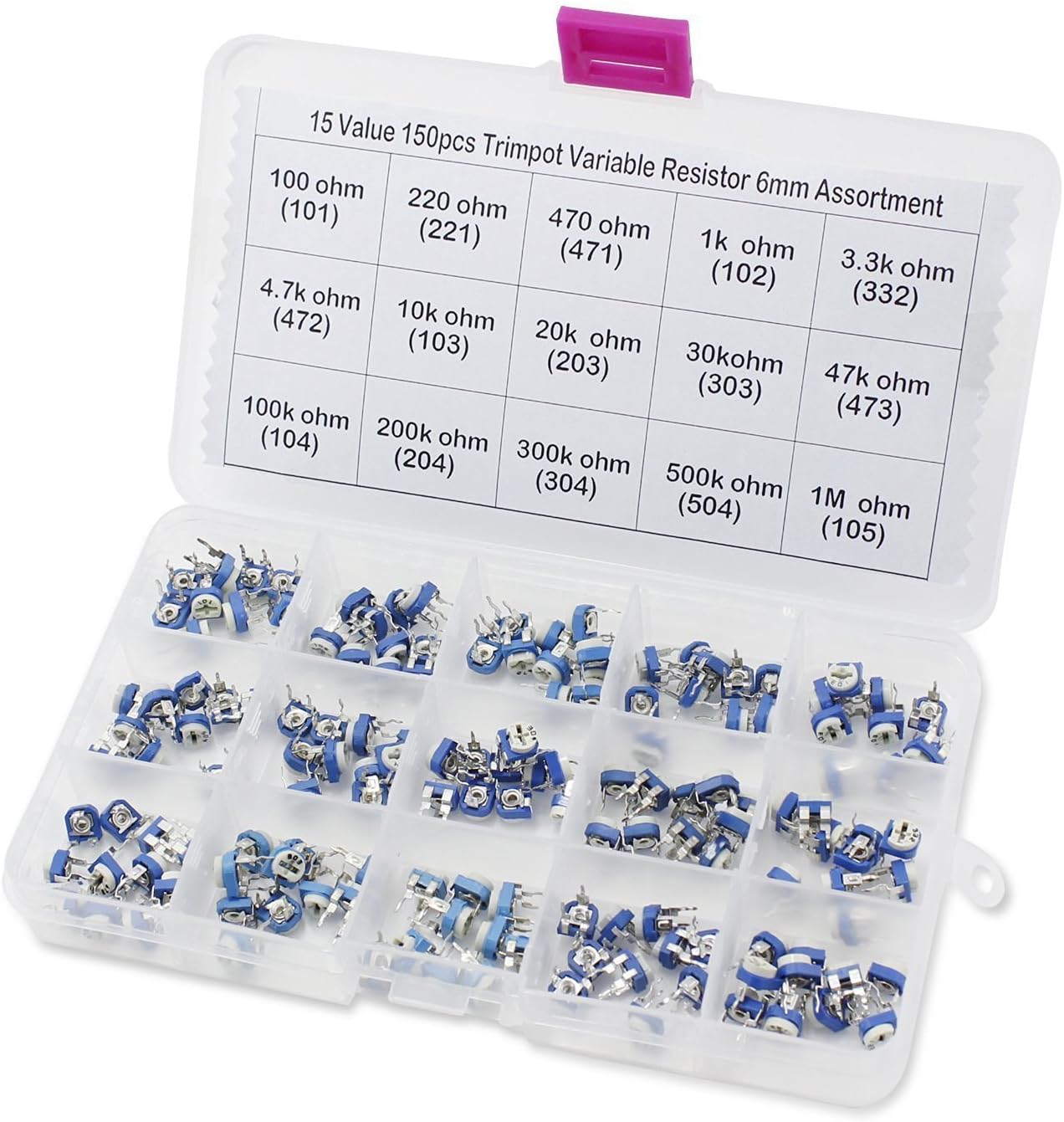 Aussel 15 Value 150 Pieces Trimpot Variable Resistor 6mm Assortment Box ...