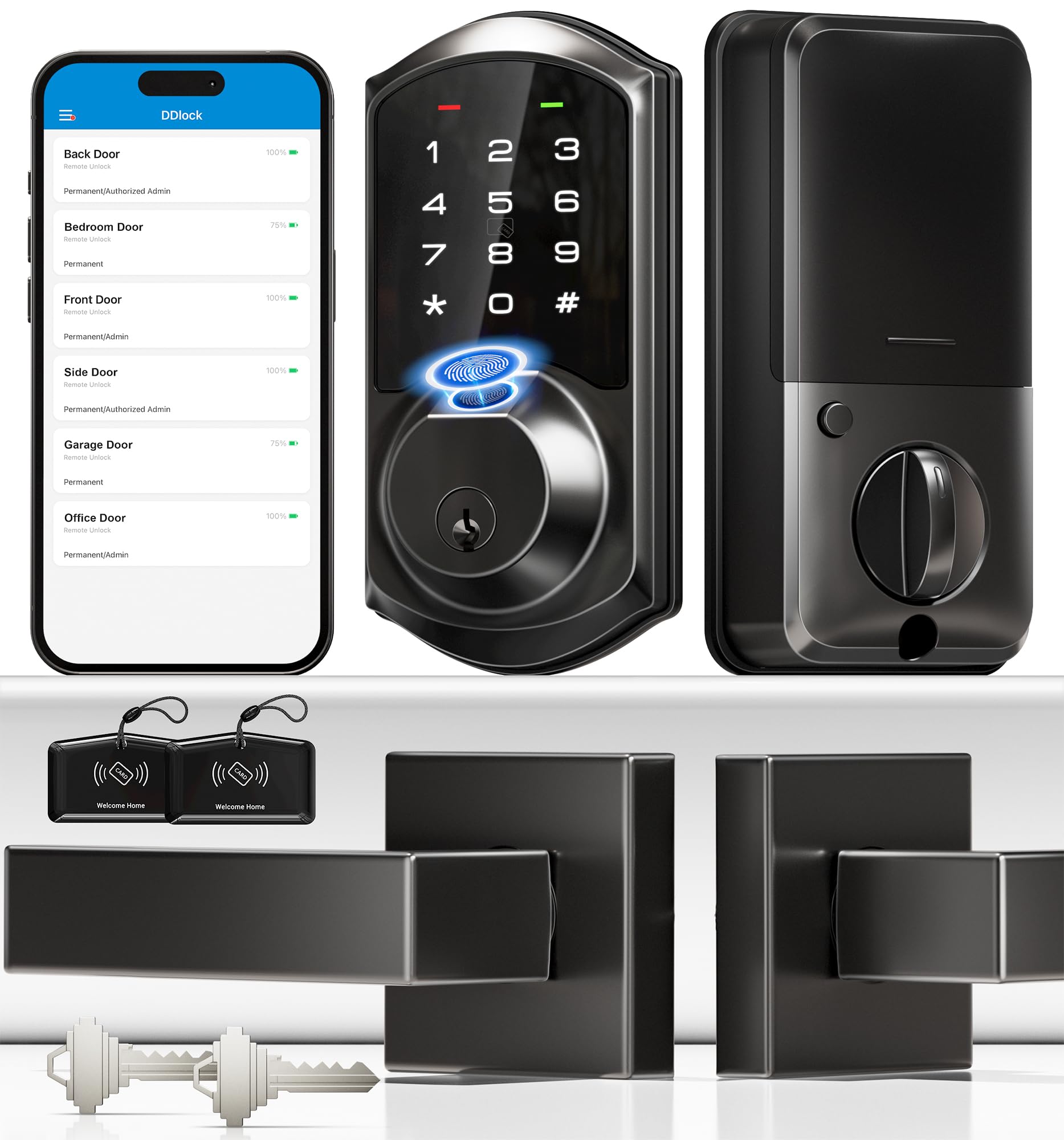 Veise Fingerprint Smart Locks for Front Door with 2 Lever Handle Set ...
