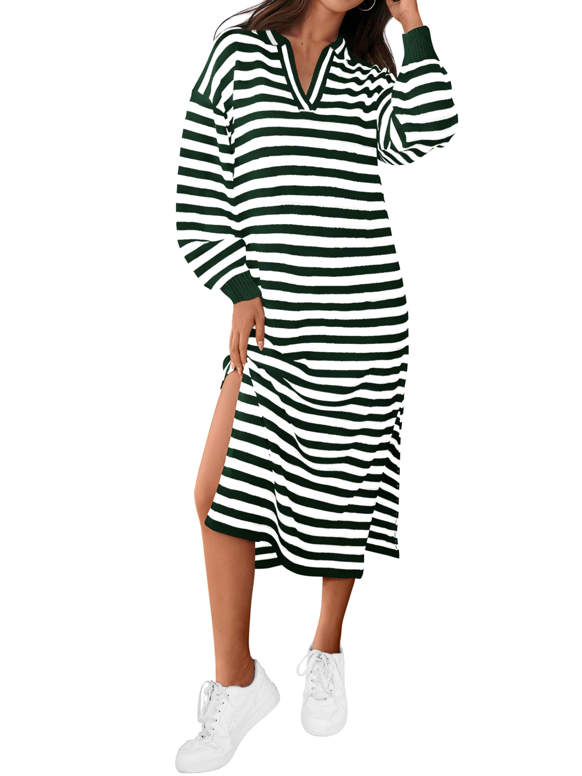 MASCOMODA Womens Fall Dresses 2024 Striped Sweater Dress Casual Long Sleeve V Neck Collared ...