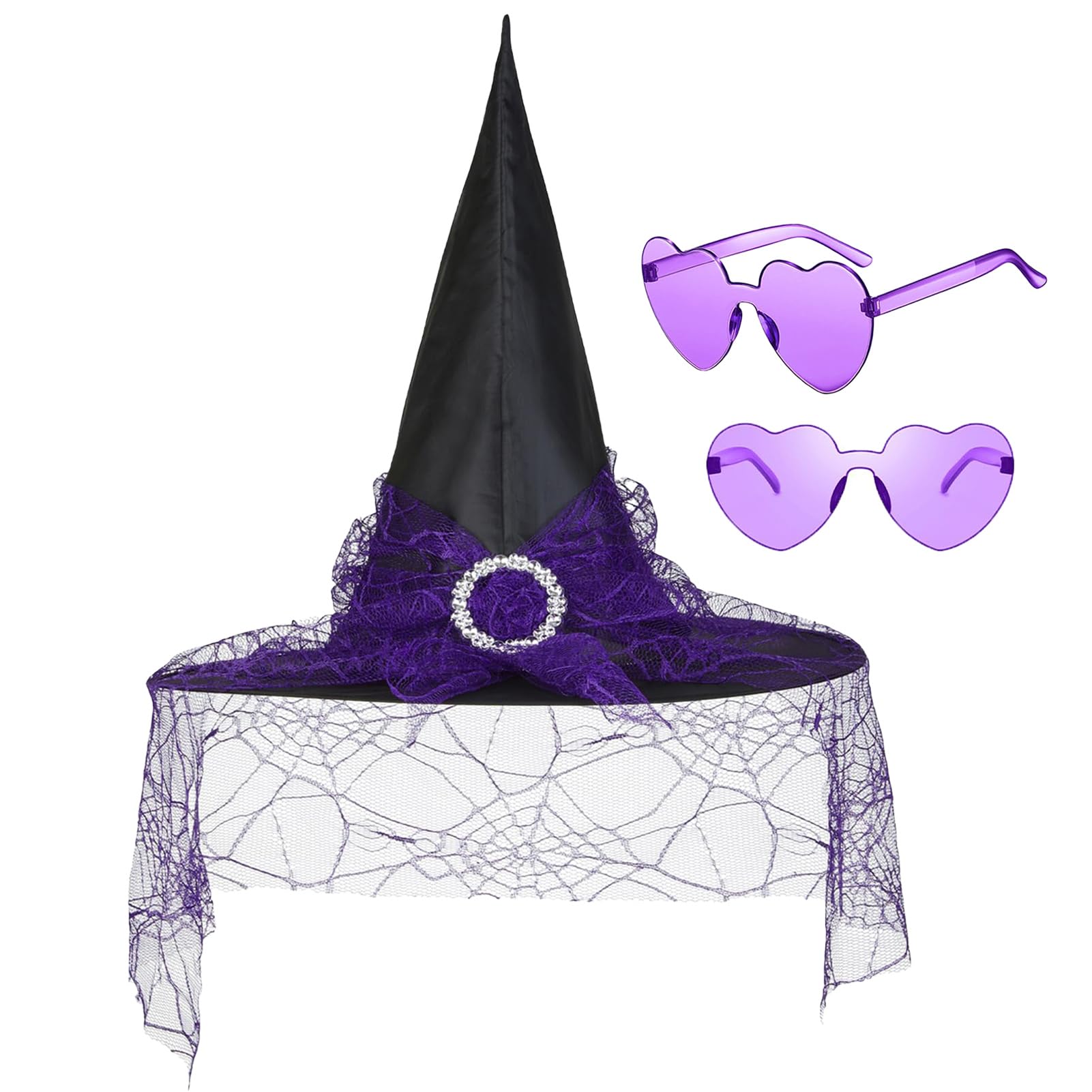 HELYKAKA Halloween Purple Witch Hats for Women Adult Girls Steeple Lace ...