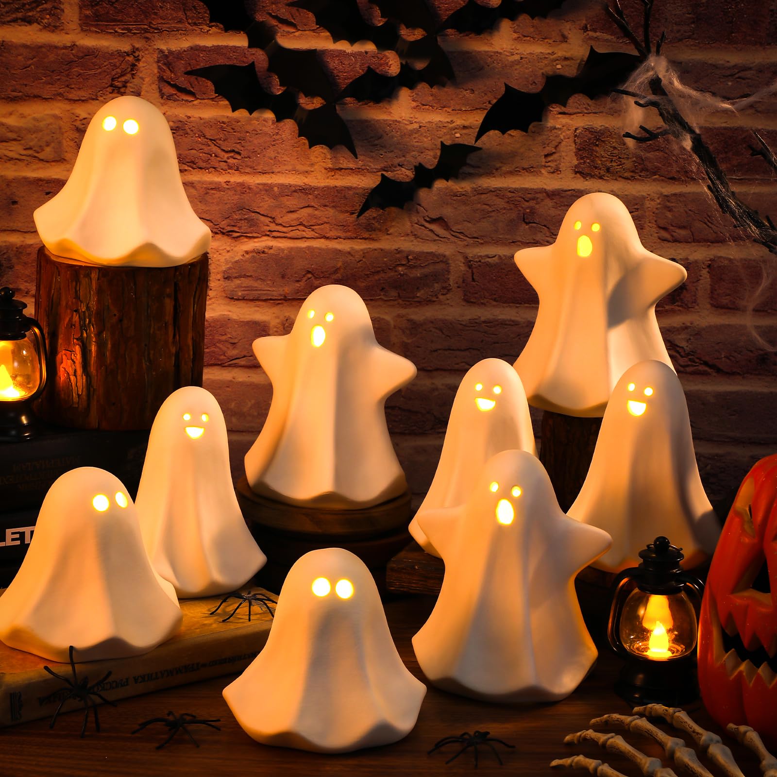 Domensi 9 Pcs Halloween Ceramic Ghost Figurines with LED Lights, Small ...