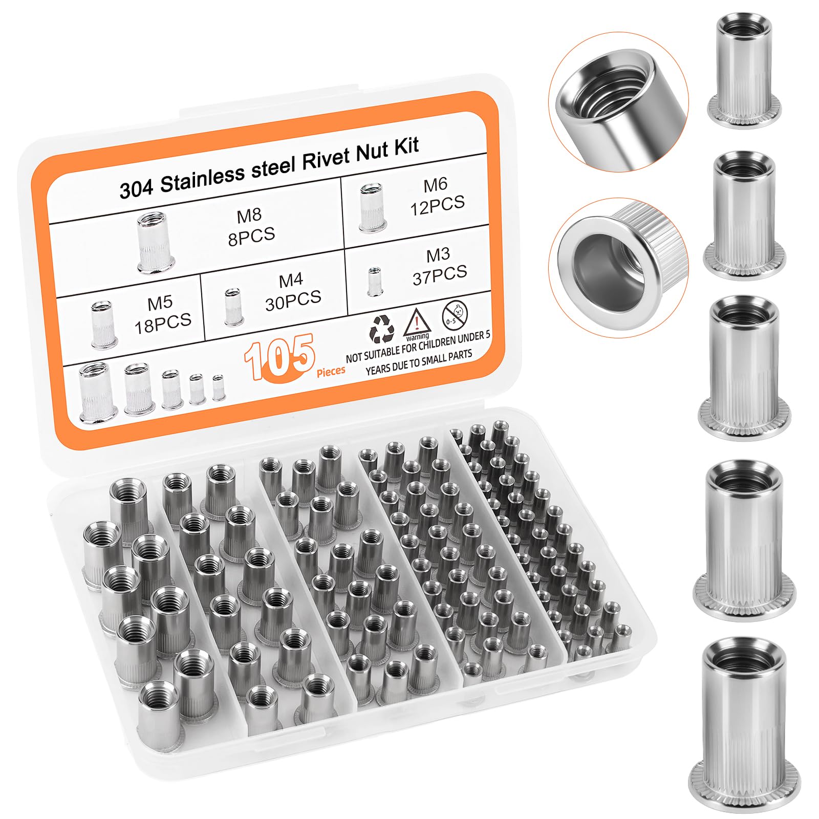 JYNB Metric Rivet Nut Assortment Kit, 105Pcs 304 Stainless Steel SAE ...