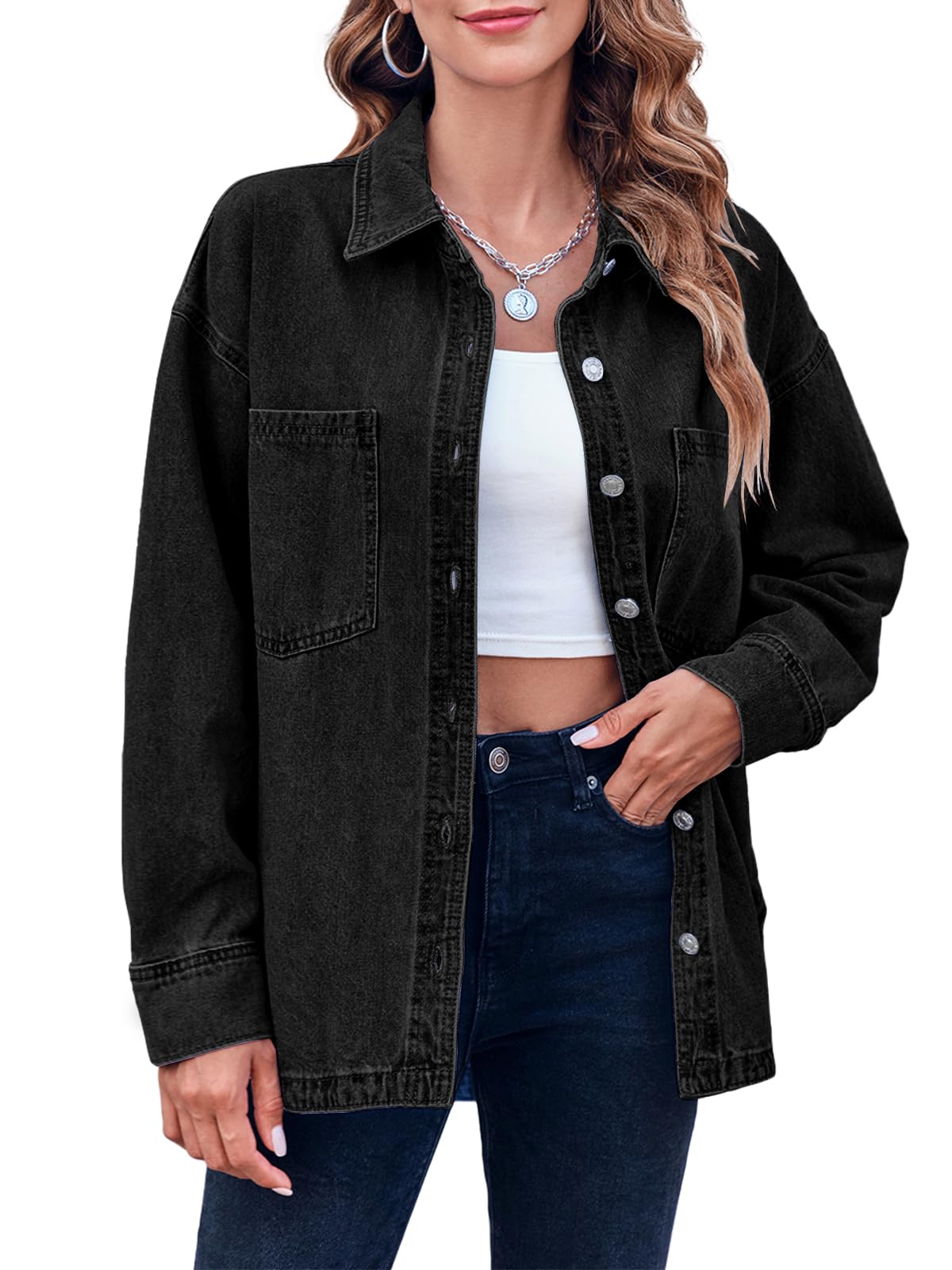 Danedvi Womens Oversized Denim Shirt Long Sleeve Button Down Boyfriend ...