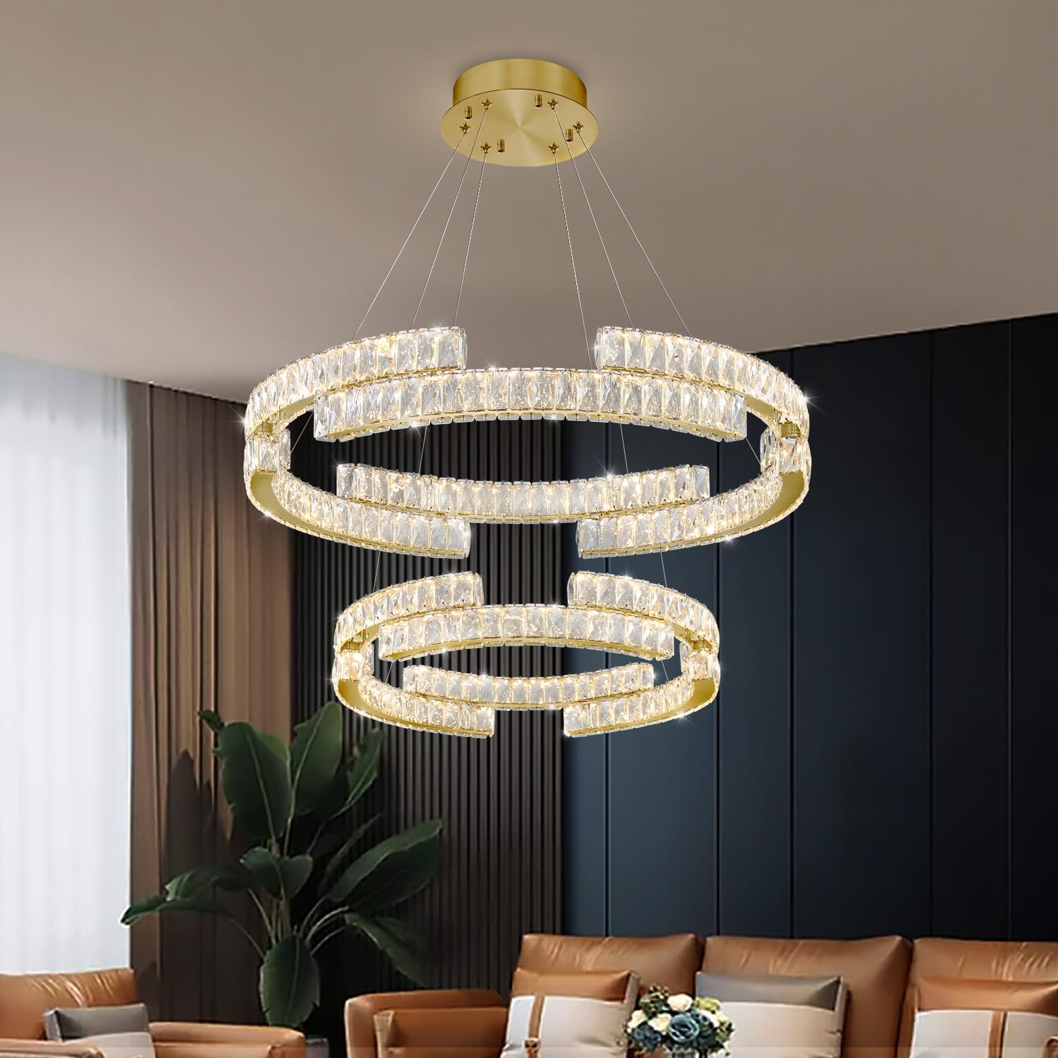 IDEQUY D32''+D20'' Modern Gold 2 Ring Crystal Chandeliers for Living ...