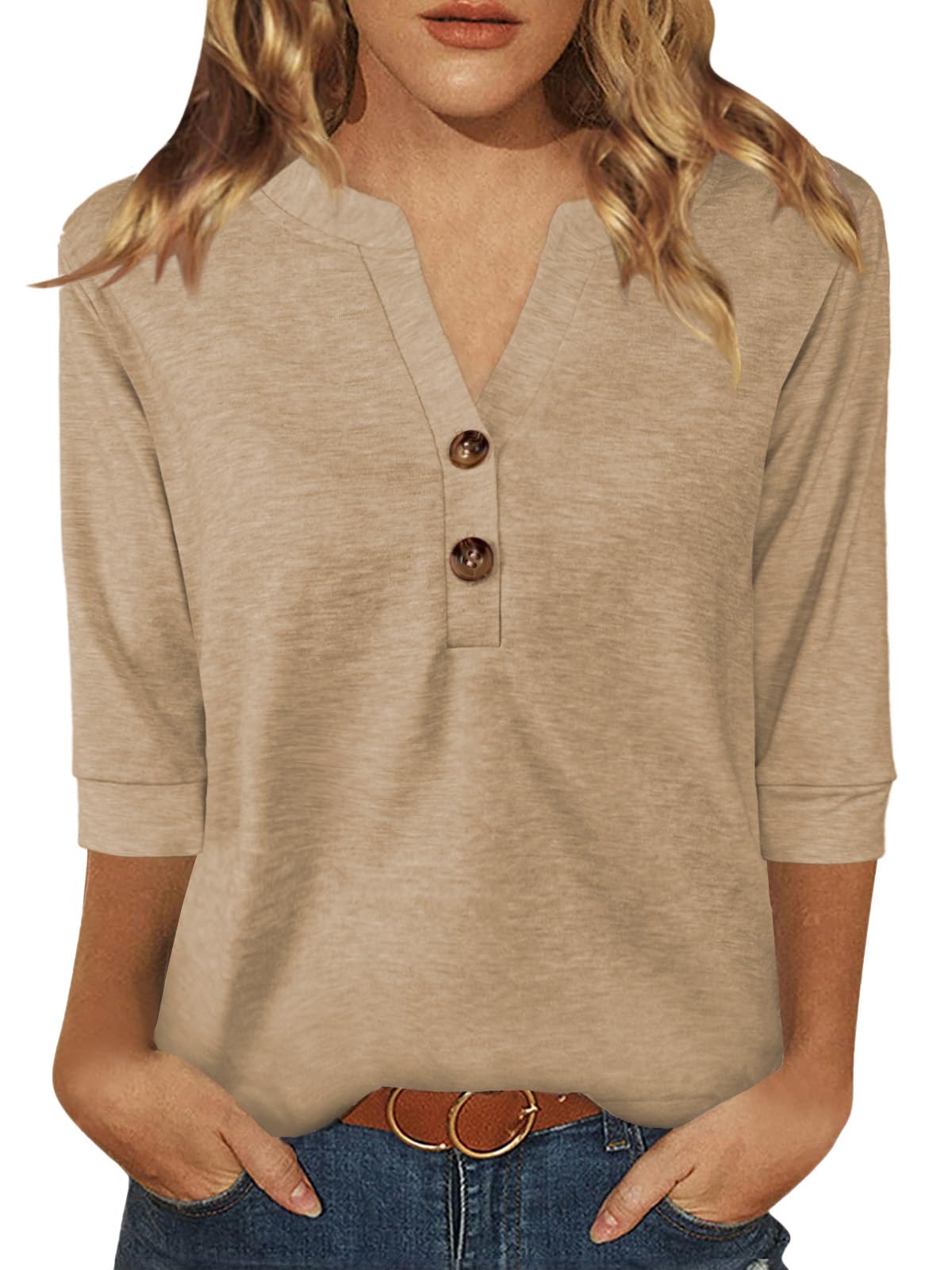 Dimur Shirts for Women V Neck 3/4 Sleeve Spring Summer Tops Button Down ...