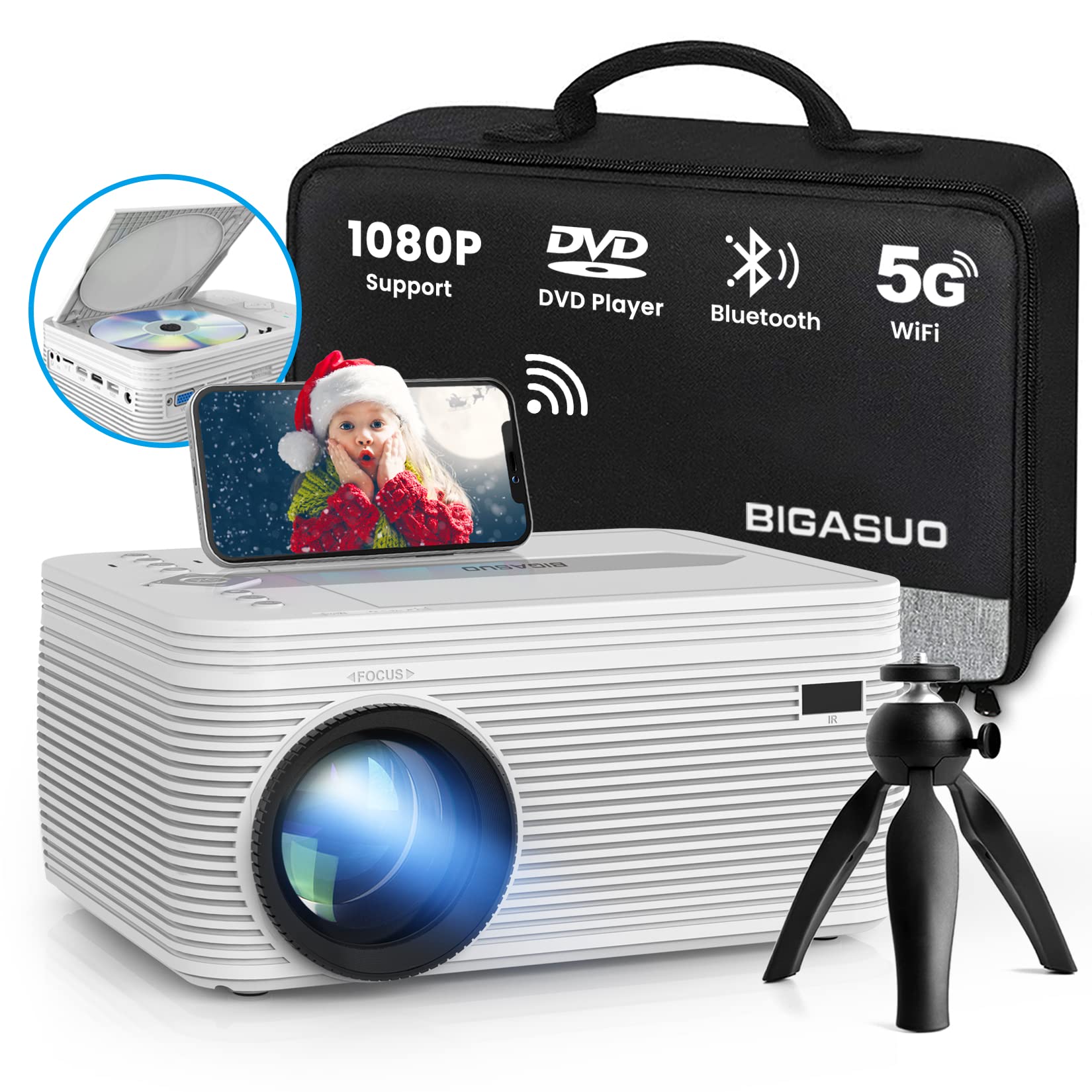BIGASUO 5G WiFi Bluetooth Projector with DVD Player - 9000L Mini ...