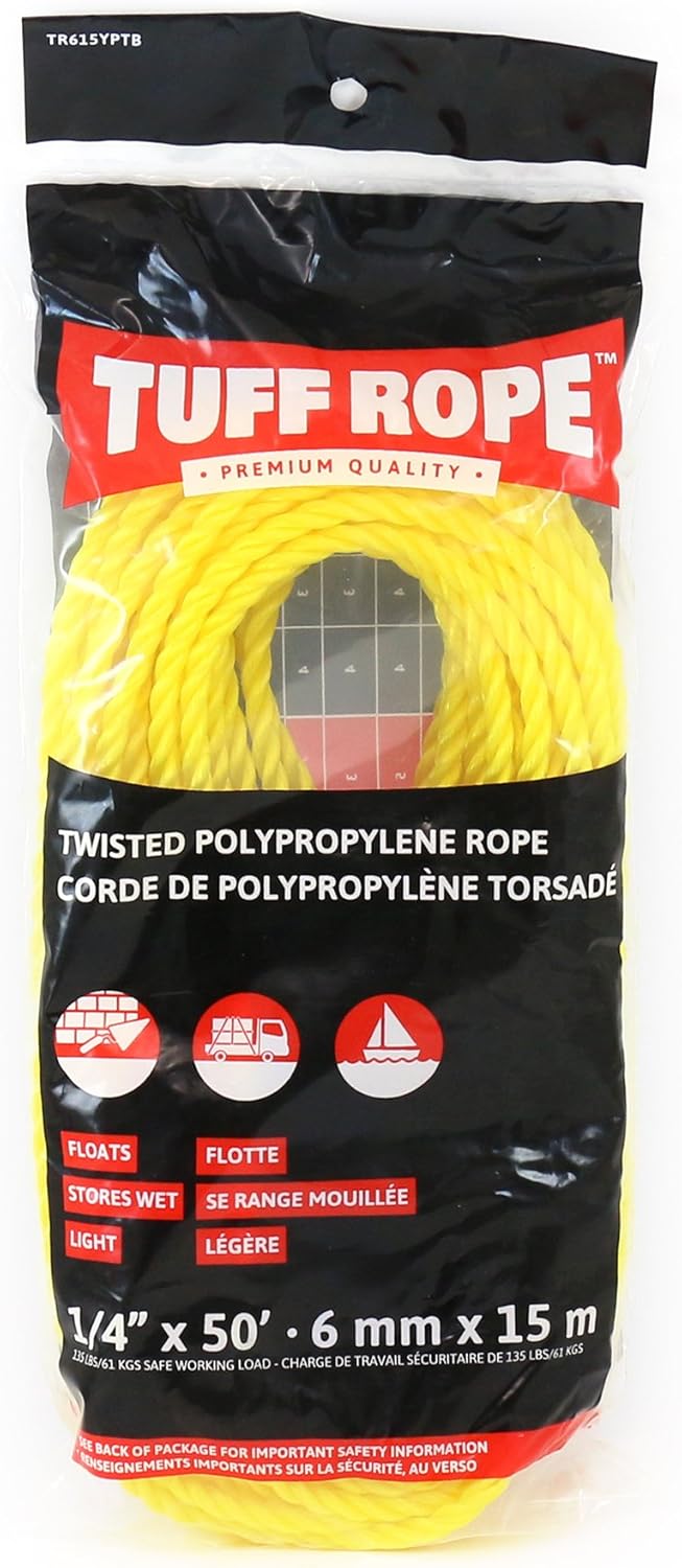 Tuff Rope Premium Quality 1/4 inch x 50 Feet Twisted Polypropylene Rope ...