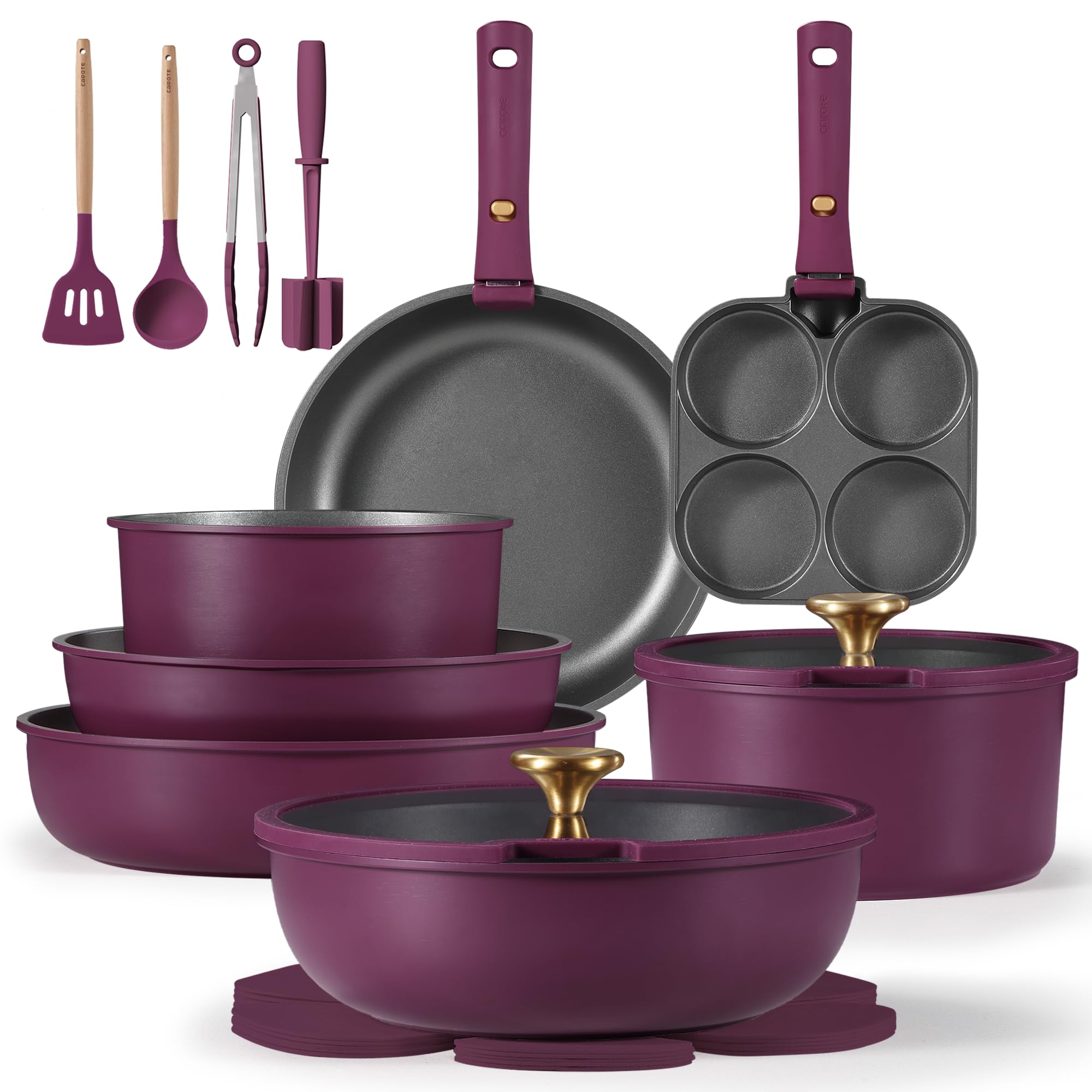 CAROTE 21pcs Pots and Pans Set, Nonstick Cookware Set Detachable Handle, Induction Kitchen ...