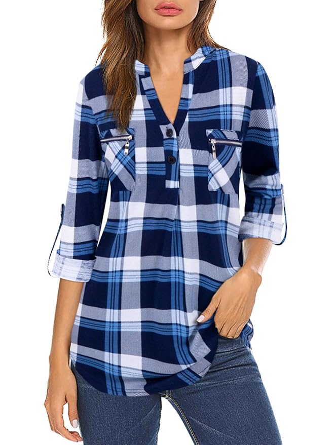 Buy Siddhe Blue Checkered Shirt, Womens Tops 3/4 Sleeve Loose Fit V Neck Plaid Shirts Fashion ...
