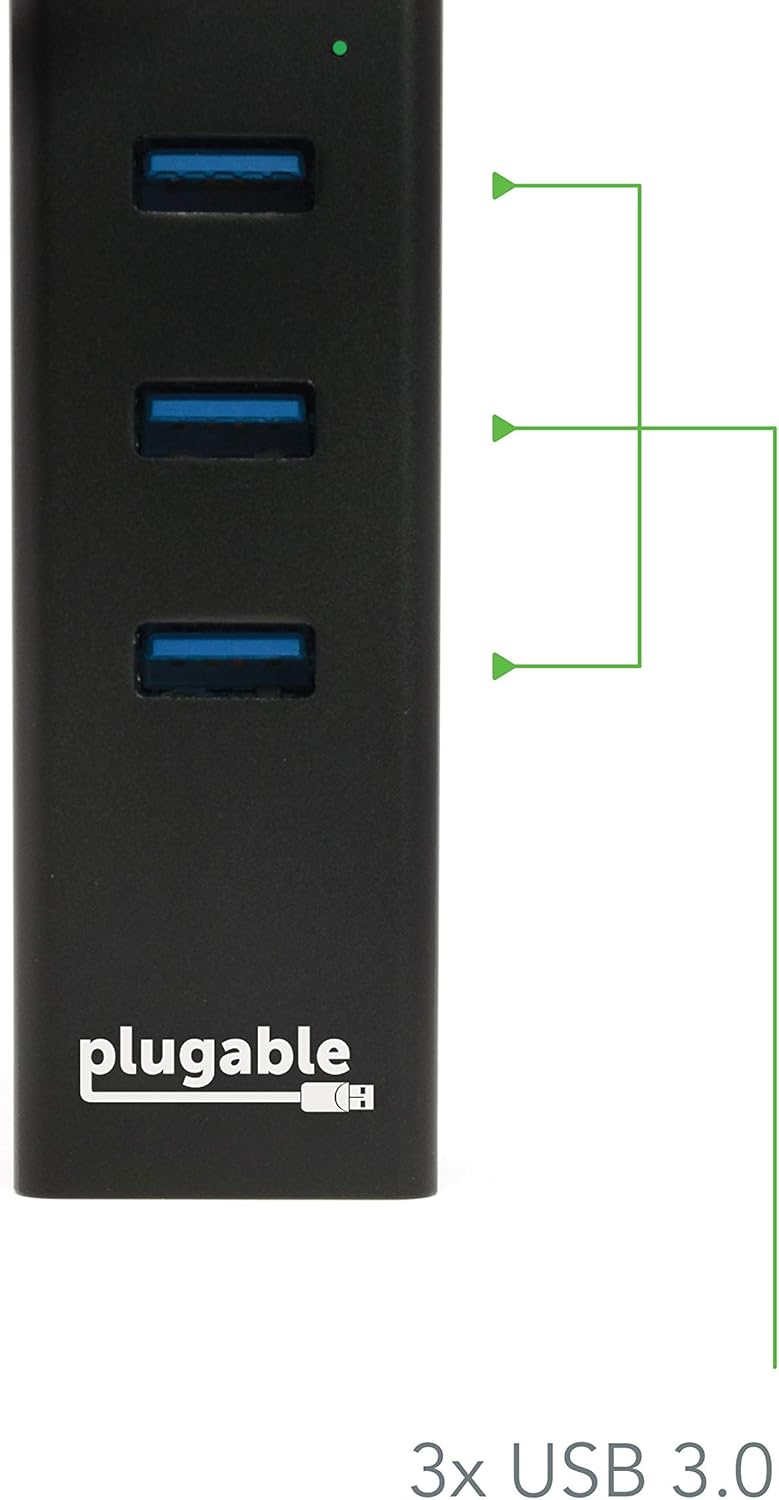 Plugable USB Hub with Ethernet, 3 port USB 3.0 Bus Powered Hub with Gigabit Ethernet Compatible ...