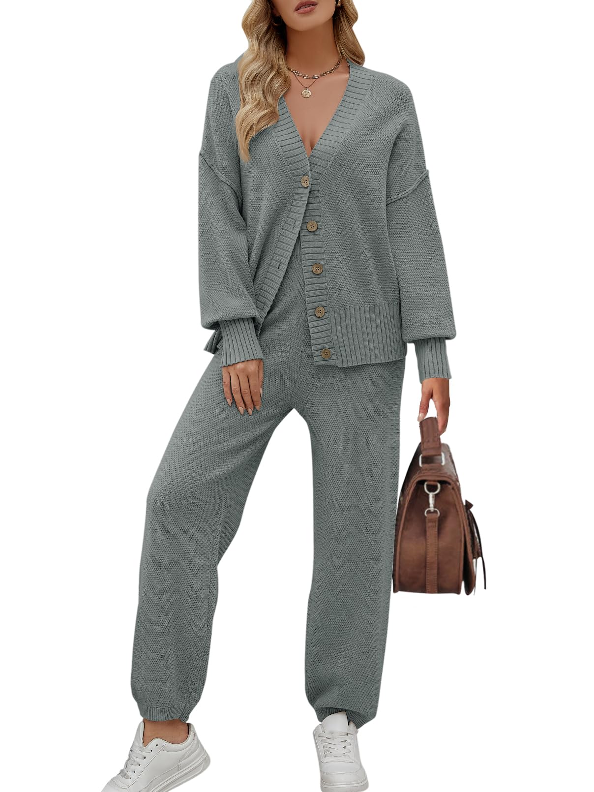 MEROKEETY Women's 2023 Cardi Sets Long Sleeve V Neck Button Knitted ...