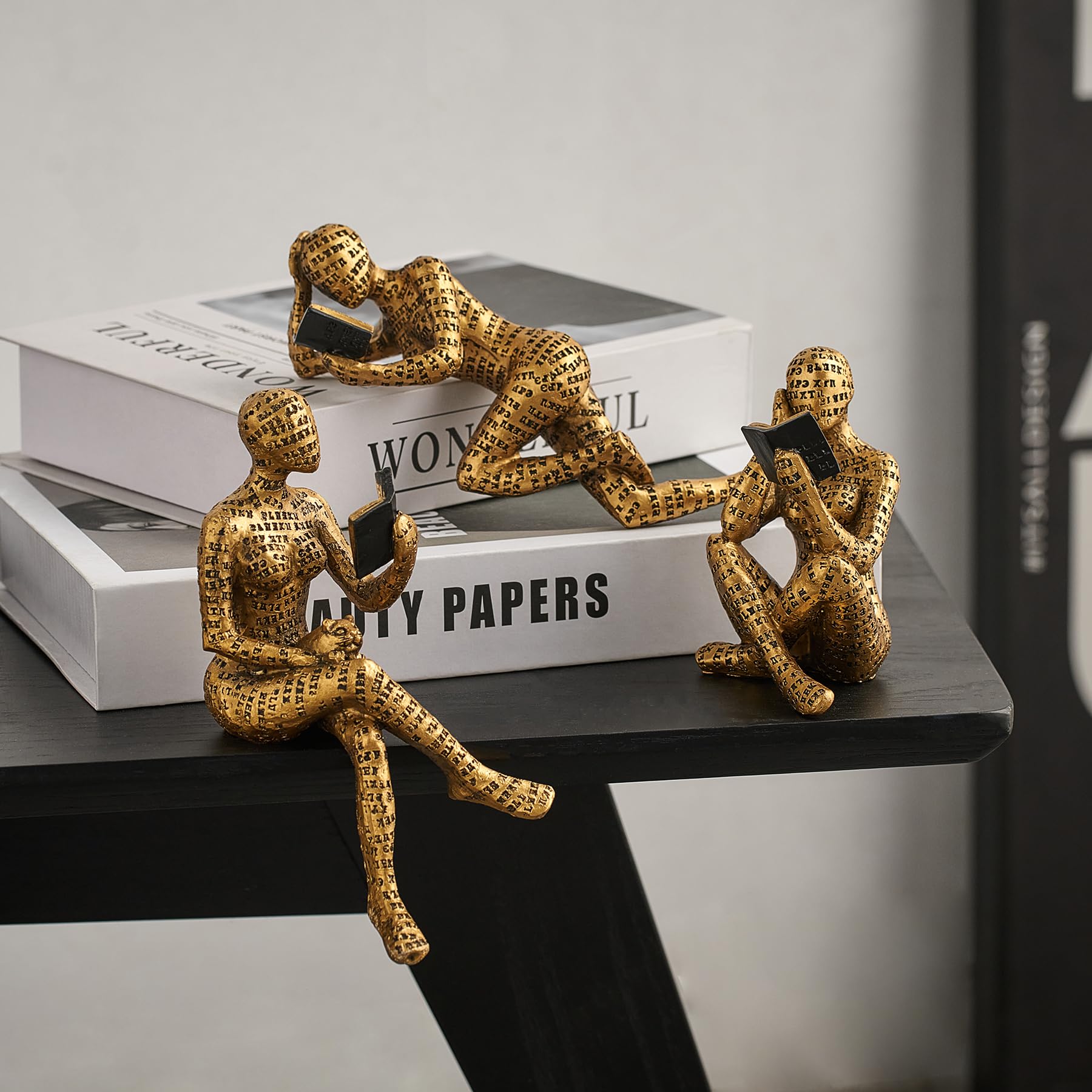 FJS 3Pcs Gold Thinker Statues Home Decor Accents, Pulp Reading Women ...