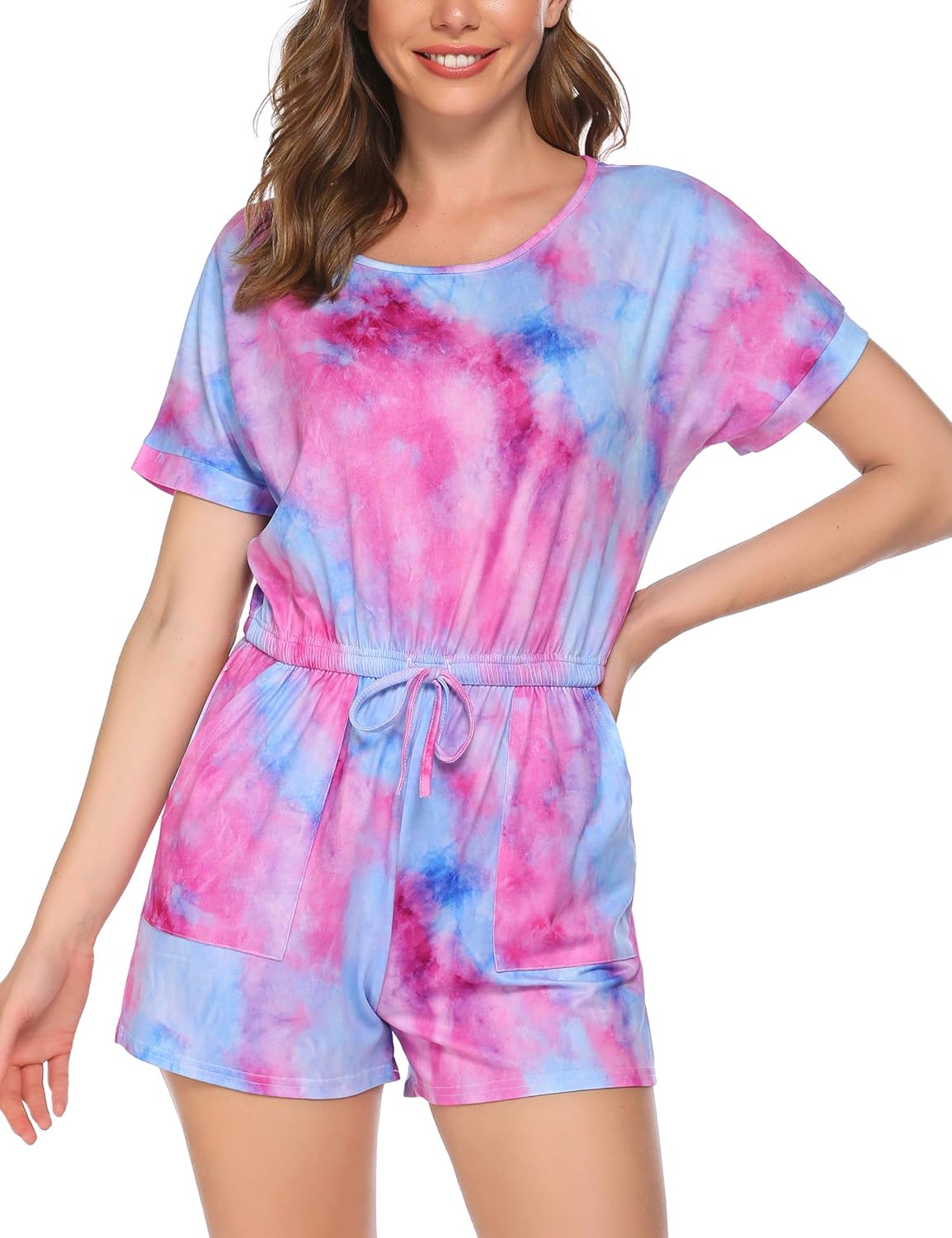 Ekouaer Tie Dye Printed One Piece Pajamas Women Short Sleeve Romper O ...