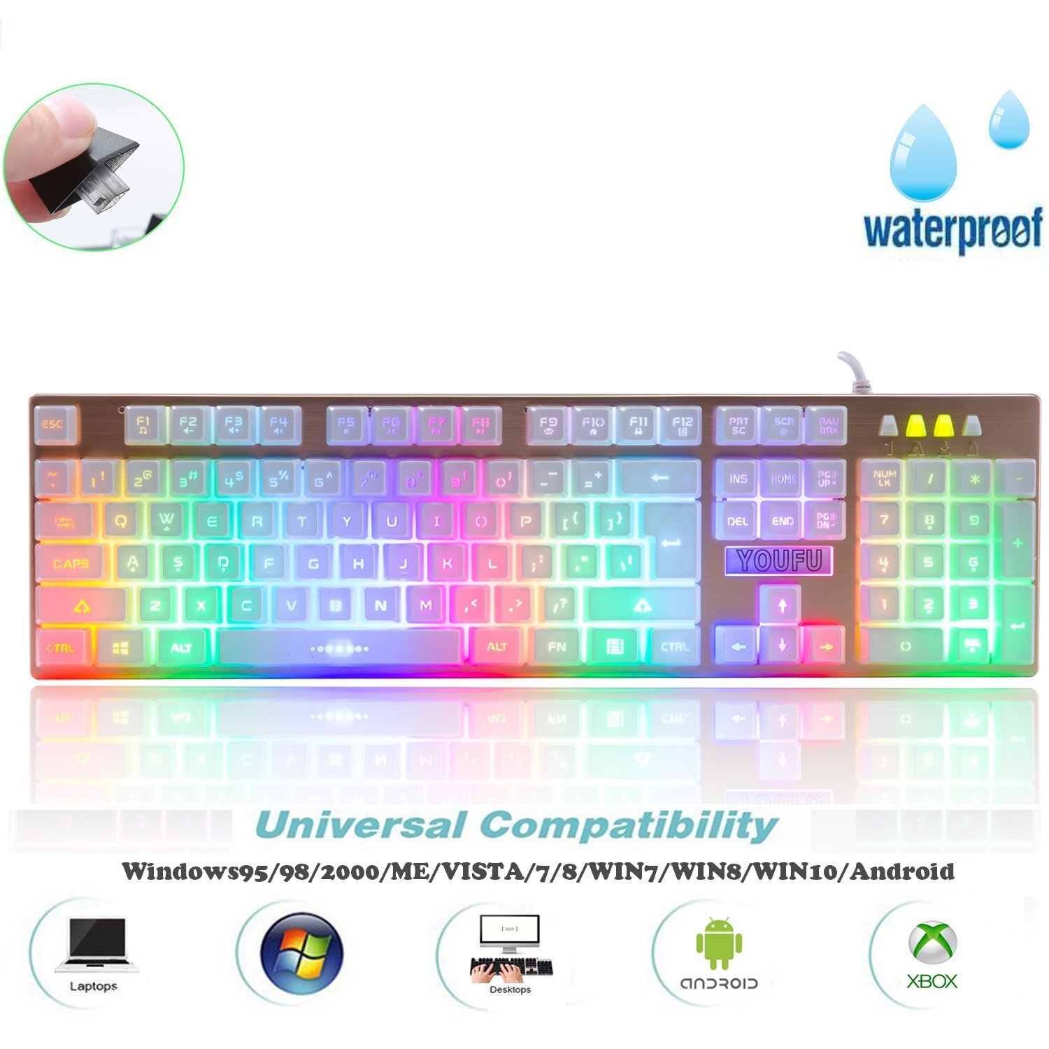 7 Colors Backlit Gaming Keyboard, LED Illuminated USB Wired Computer ...