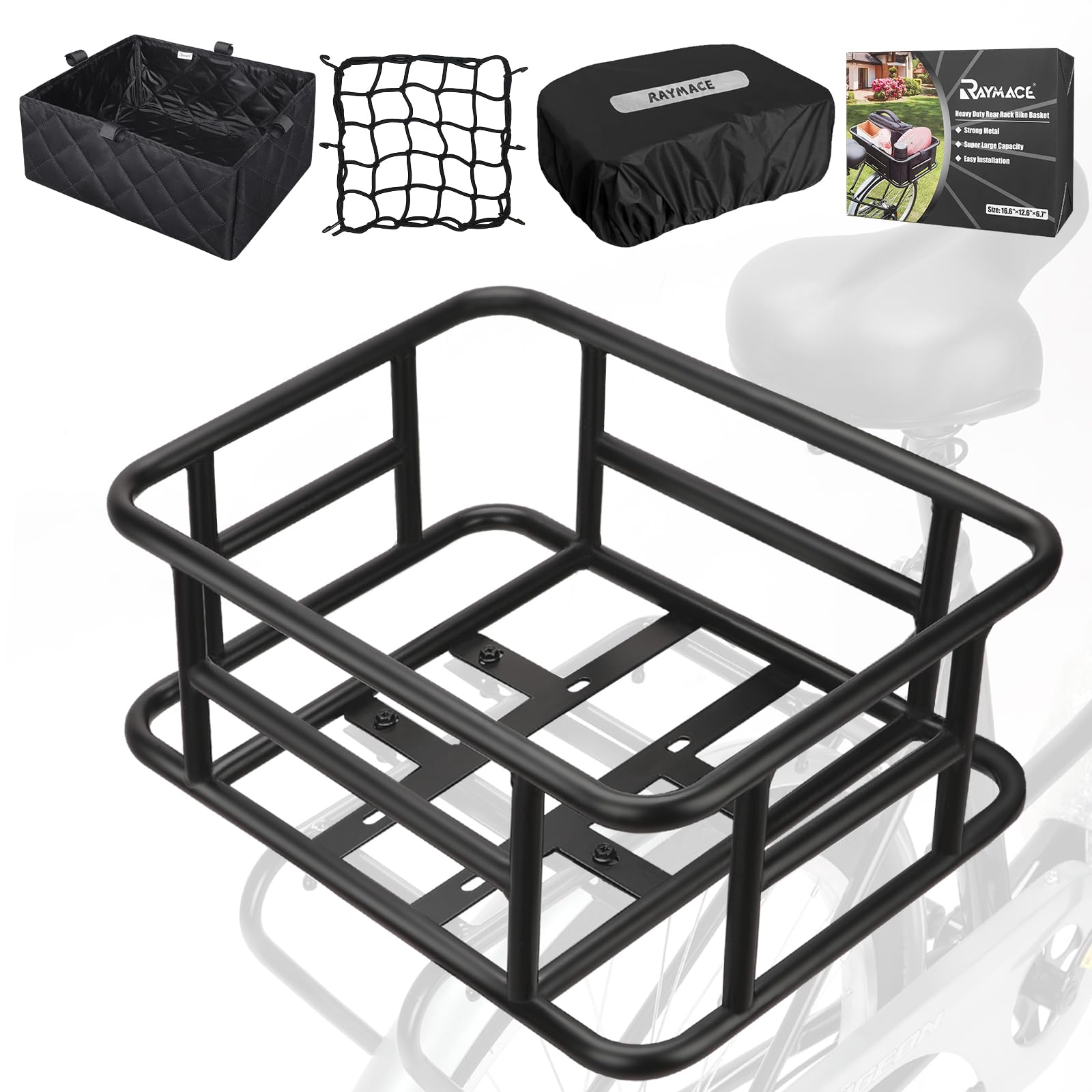 RAYMACE Rear Rack Bike Basket with Cargo Net and Liner Large Bicycle ...