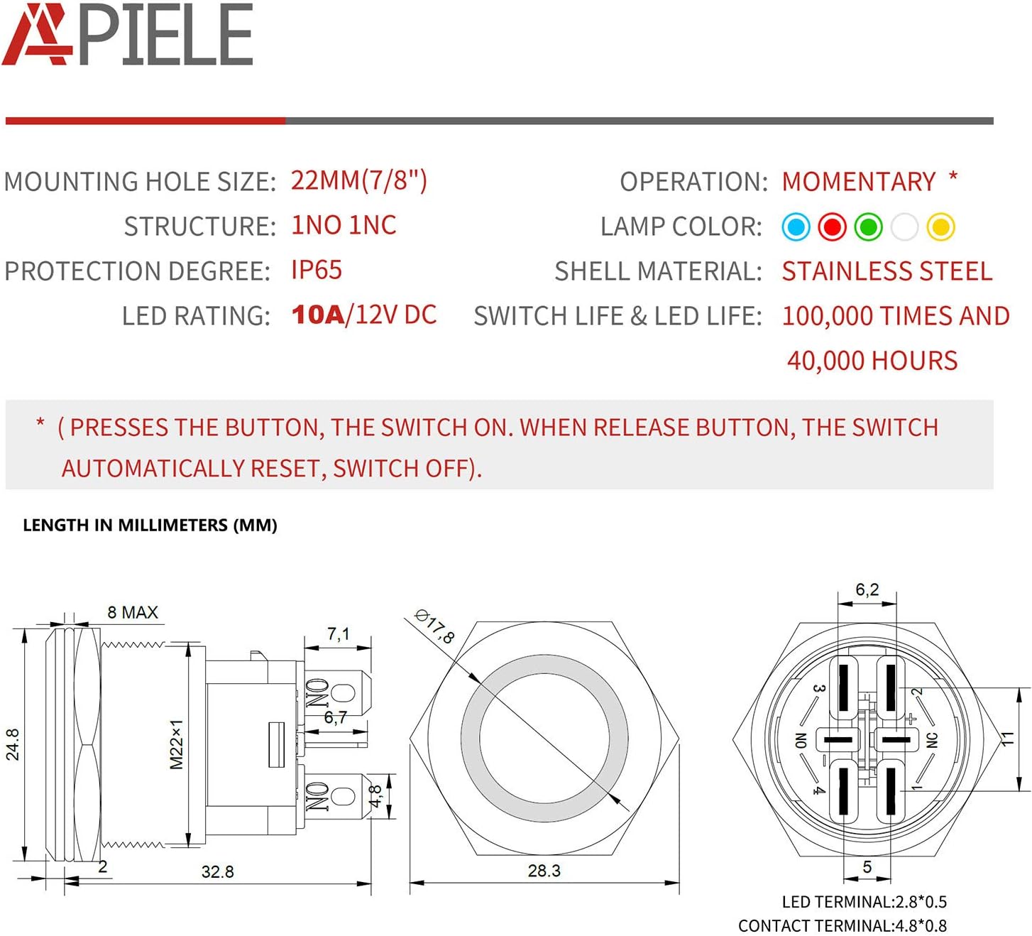 APIELE 10 Amp 22mm Momentary Push Button Switch 12V Angel Eye LED ...