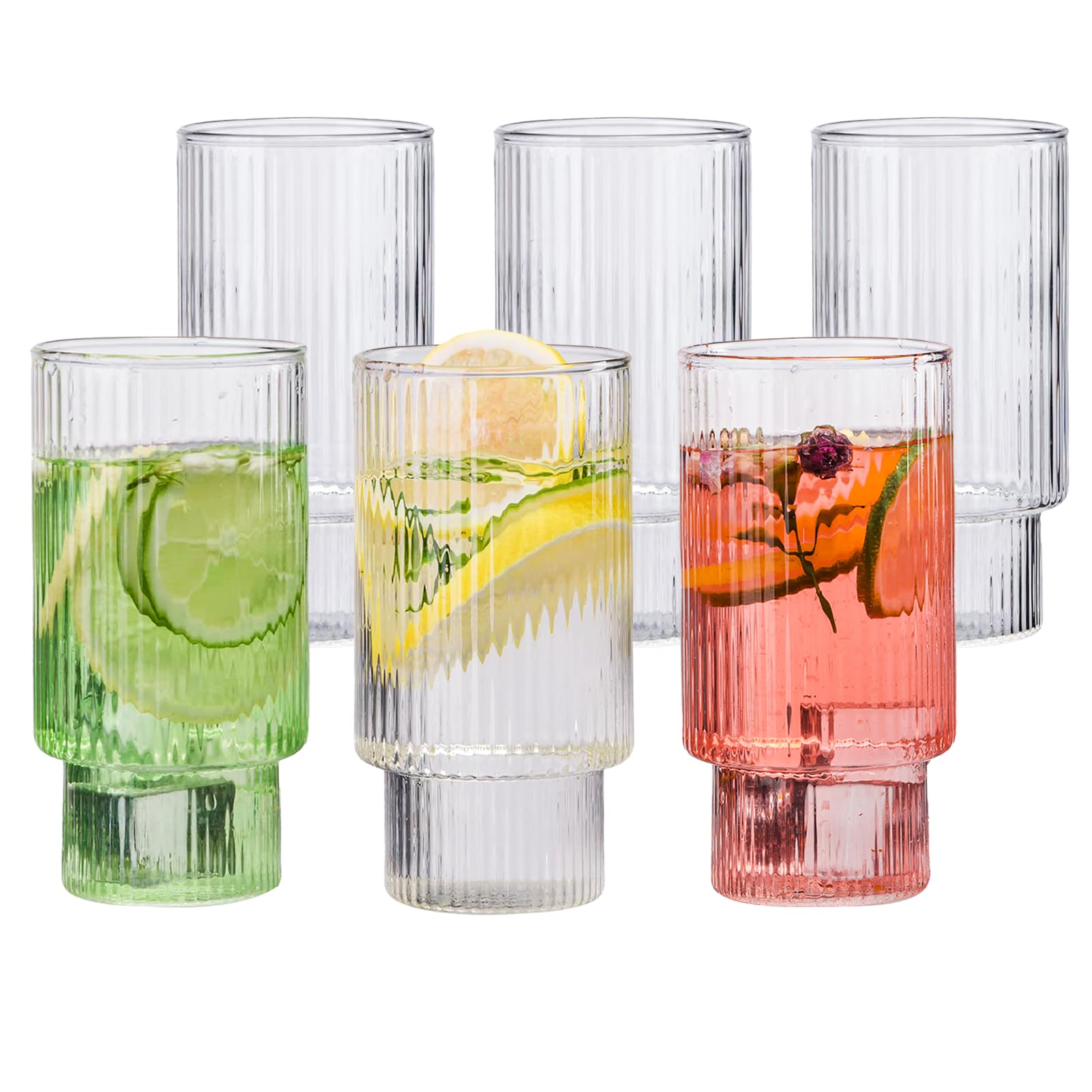 Wlasss Ribbed Drinking Glasses Set of 6, 14oz Water Glasses,Vintage ...
