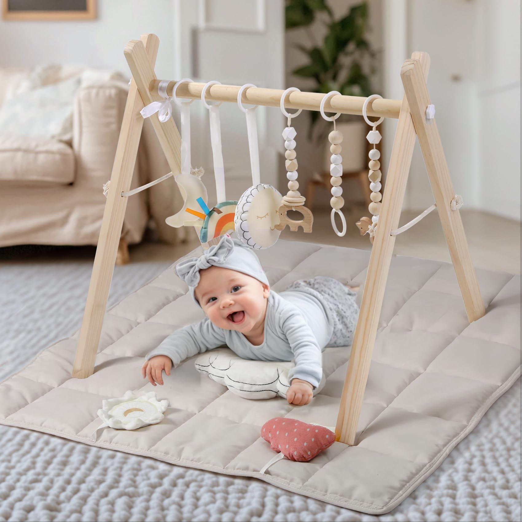 Wooden Play Gym with Beige Mat, Foldable Baby Play Gym, Infant Activity ...